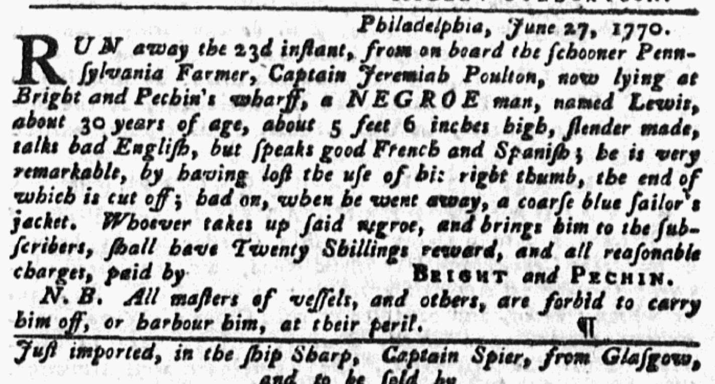 Slavery Advertisements Published on June 28, 1770 | The Adverts 250 Project