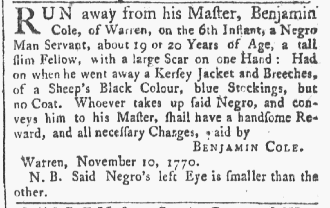 Slavery Advertisements Published December 1, 1770 | The Adverts 250 Project