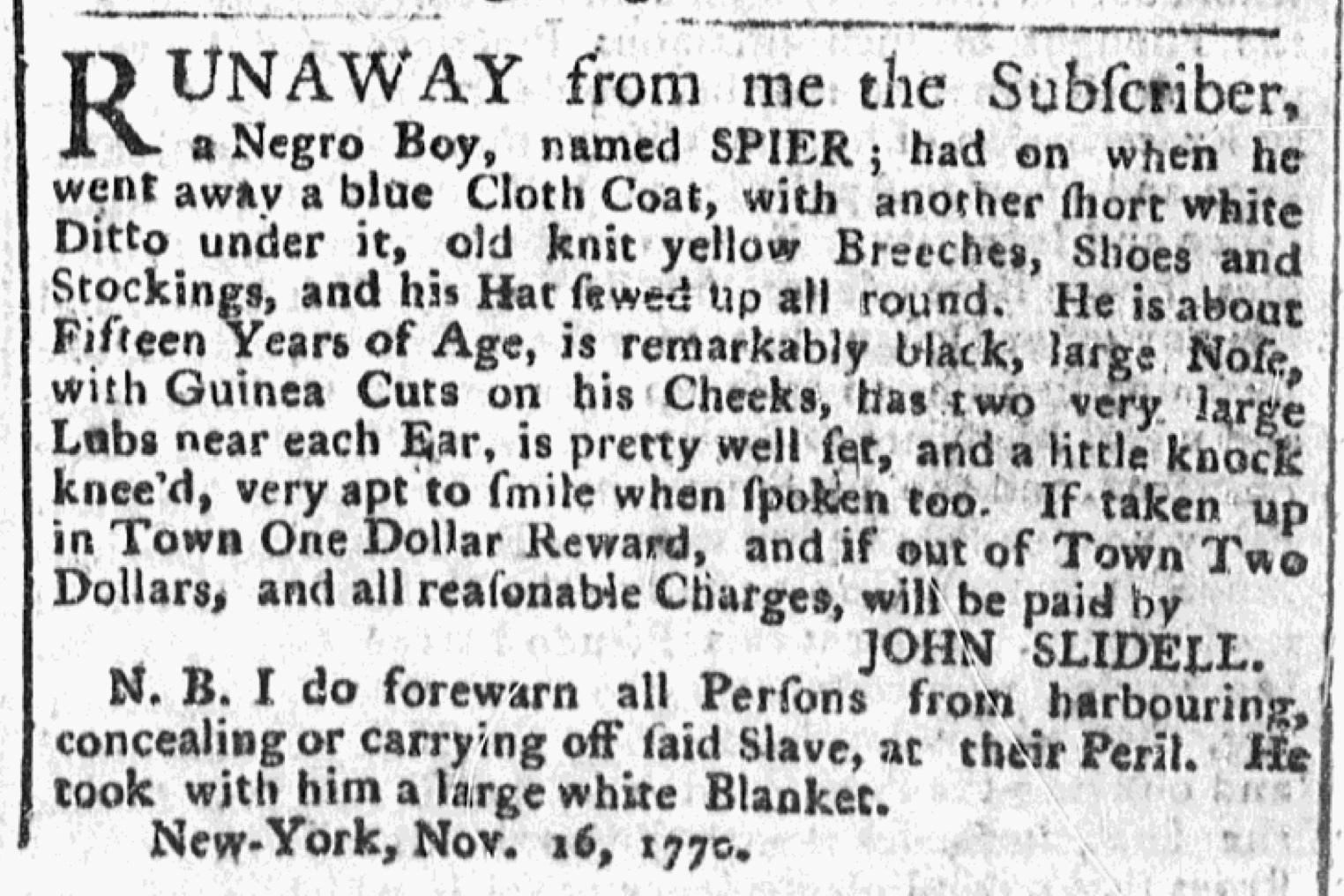 Slavery Advertisements Published December 17, 1770 | The Adverts 250 ...