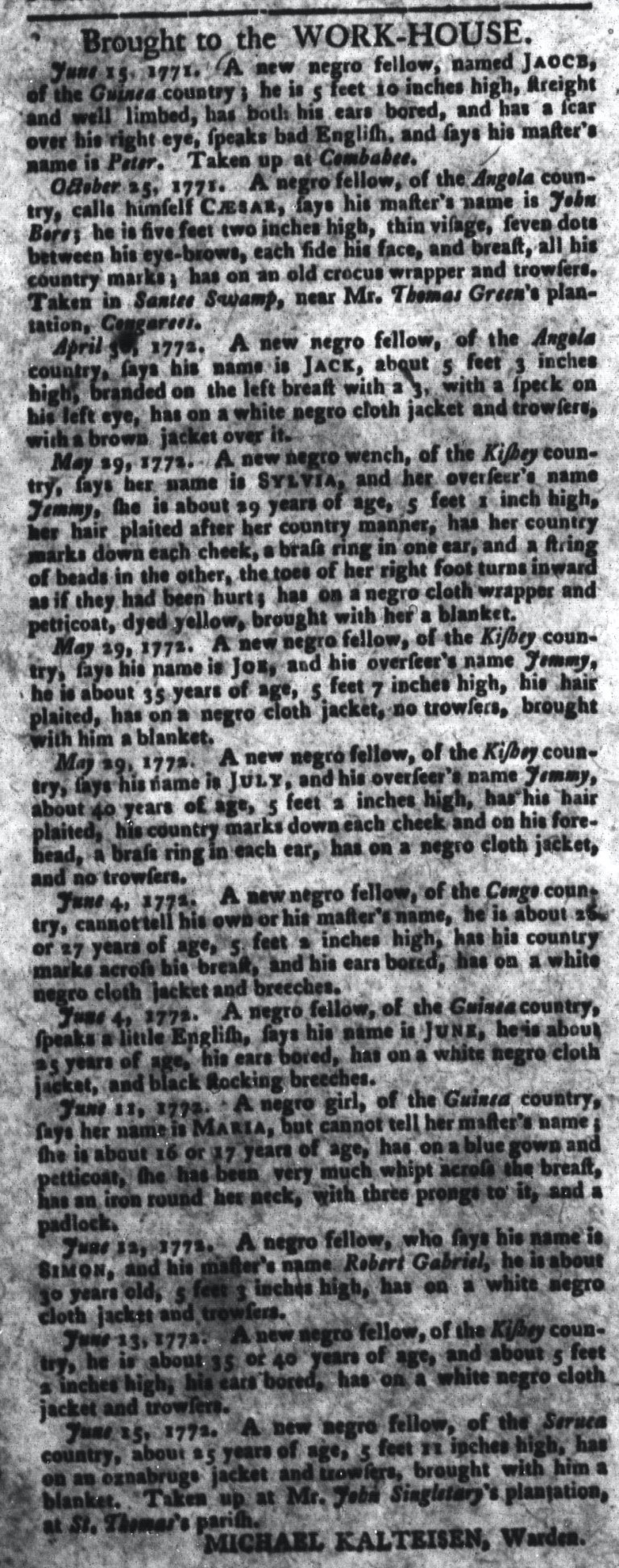 Slavery Advertisements Published June 23, 1772 | The Adverts 250 Project