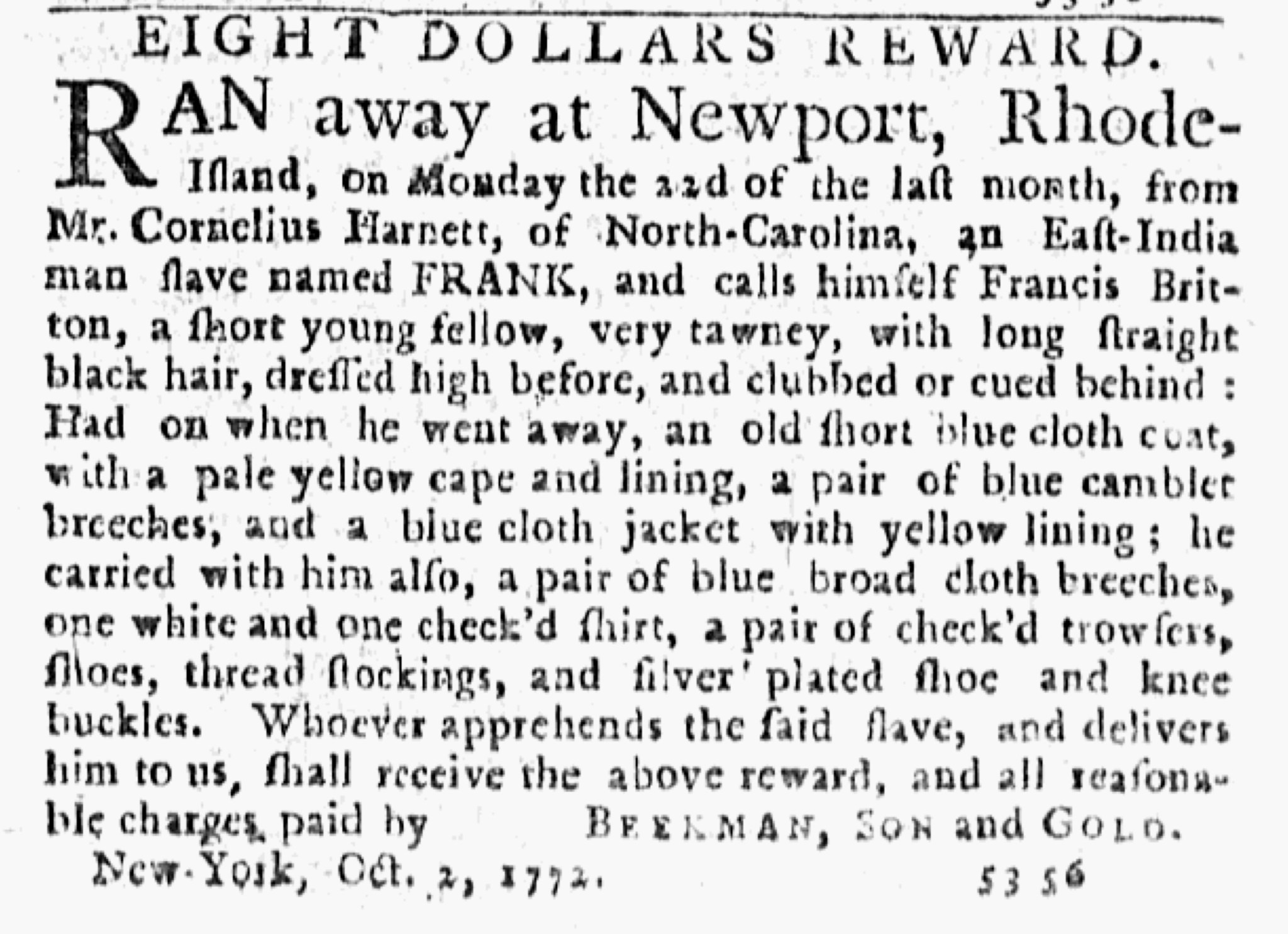 Slavery Advertisements Published October 29, 1772 | The Adverts 250 Project