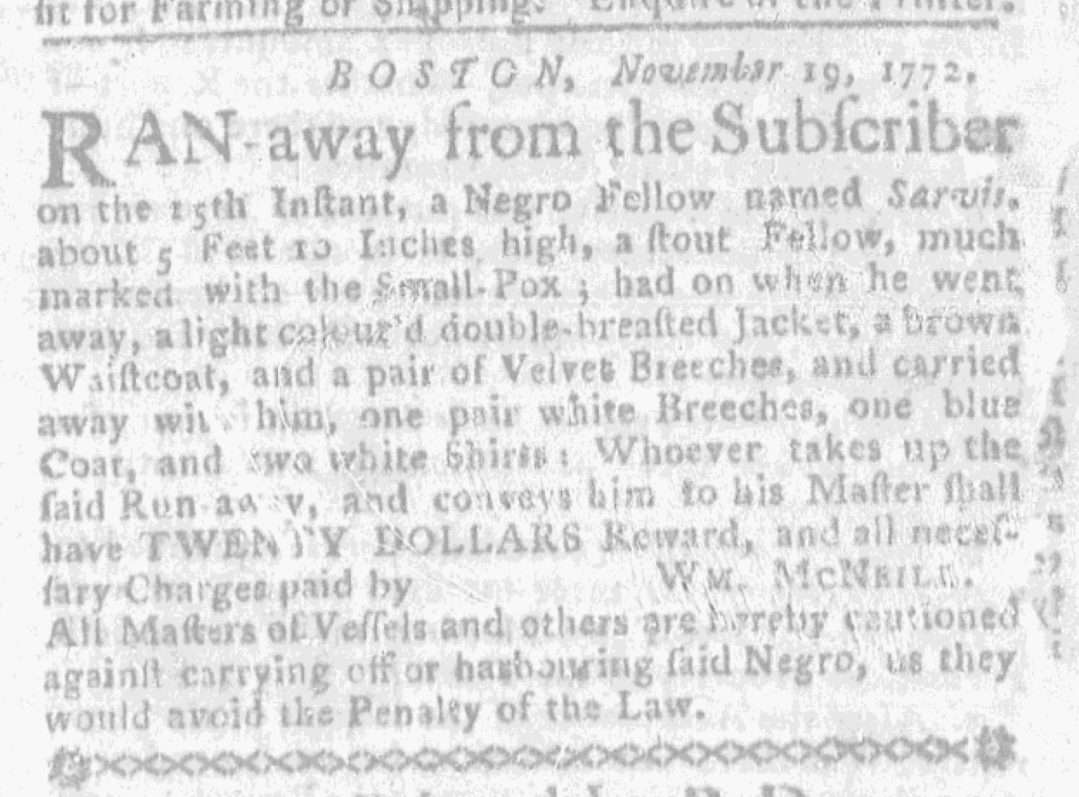 Slavery Advertisements Published December 10, 1772 | The Adverts 250 ...