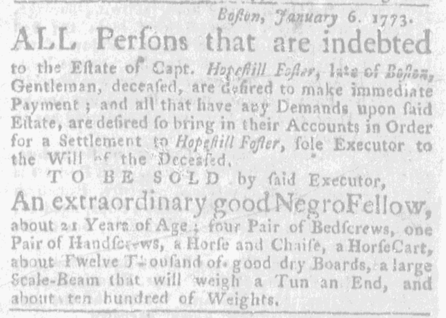 Slavery Advertisements Published January 14, 1773 | The Adverts 250 Project