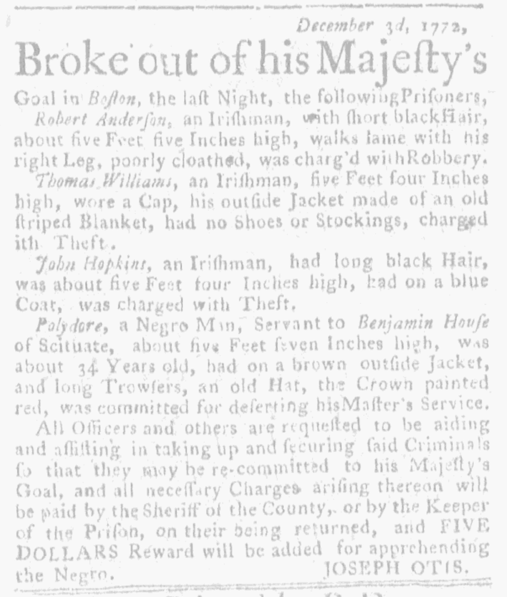 Slavery Advertisements Published December 17, 1772 | The Adverts 250 ...