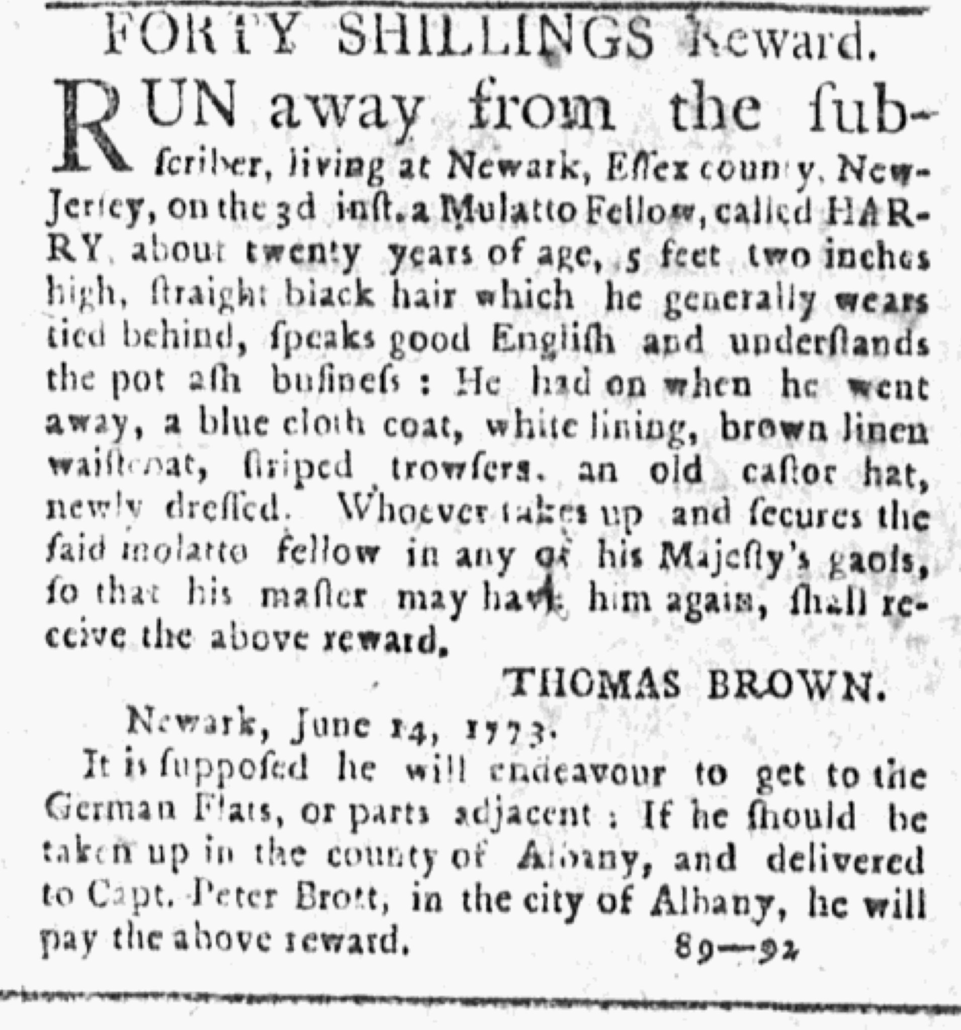 Slavery Advertisements Published July 1, 1773 | The Adverts 250 Project