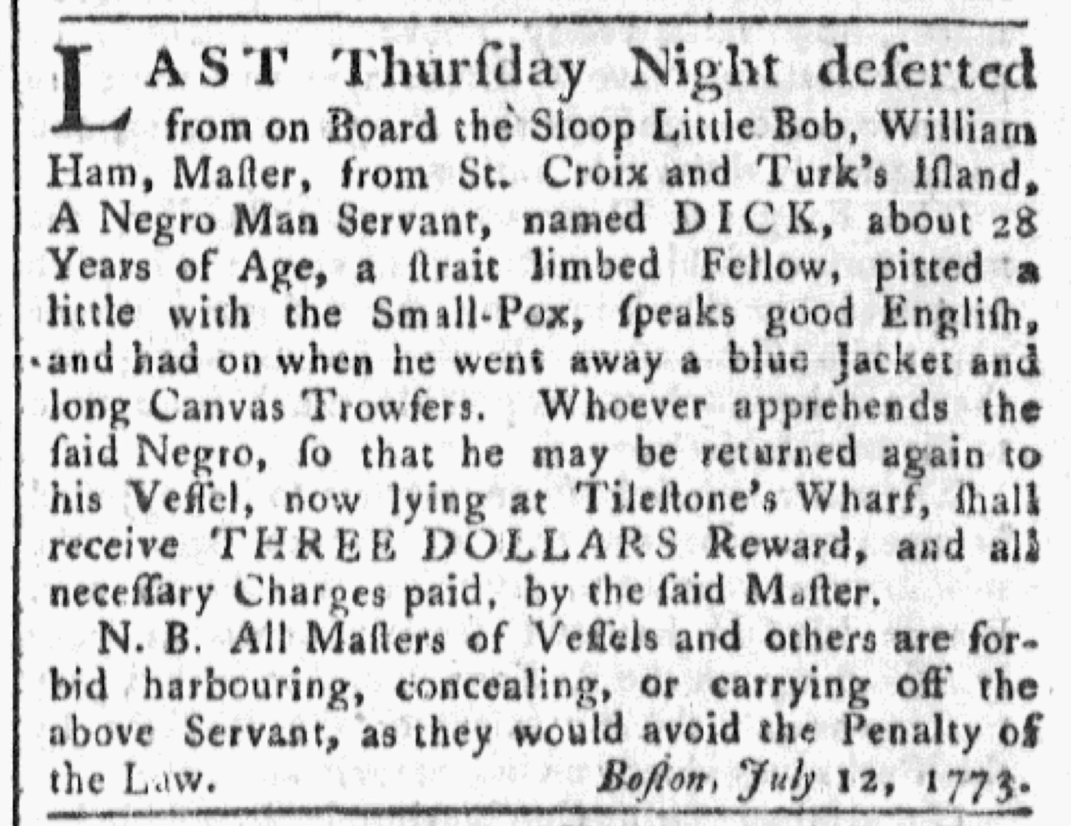 Slavery Advertisements Published August 2, 1773 | The Adverts 250 Project