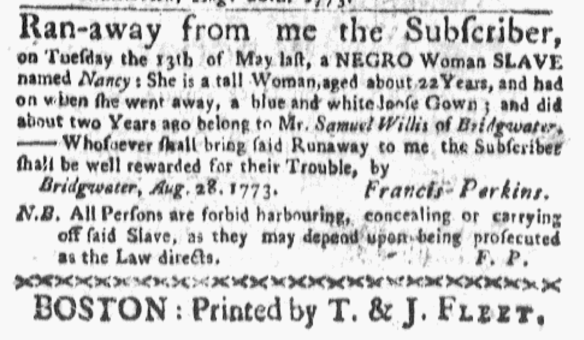 Slavery Advertisements Published September 20, 1773 | The Adverts 250 ...