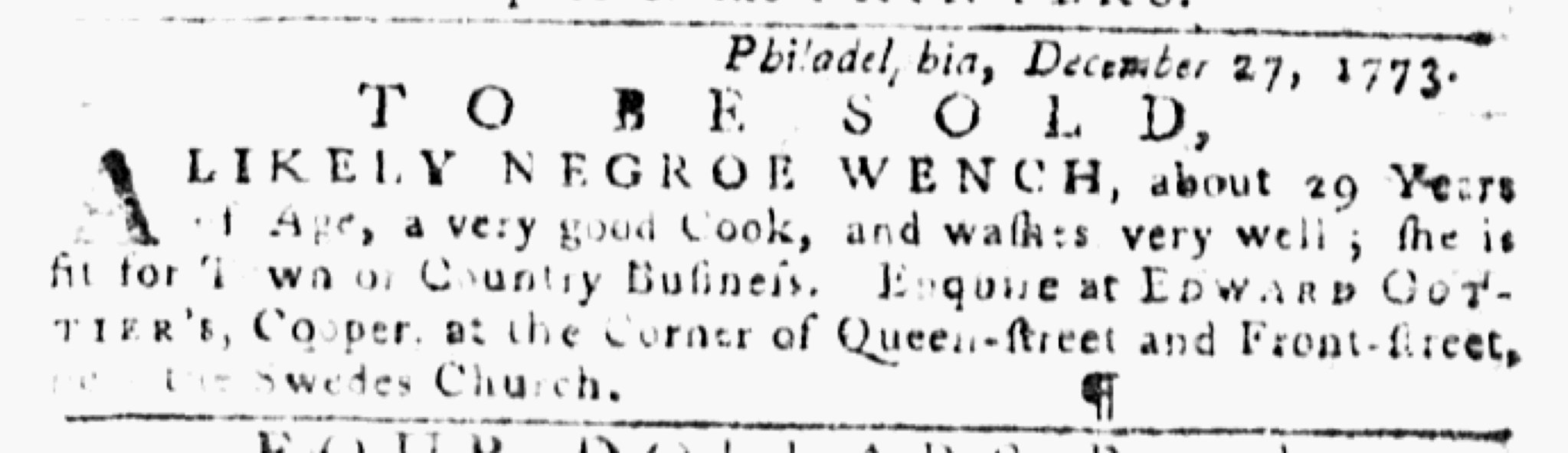 Slavery Advertisements Published December 29, 1773 | The Adverts 250 ...
