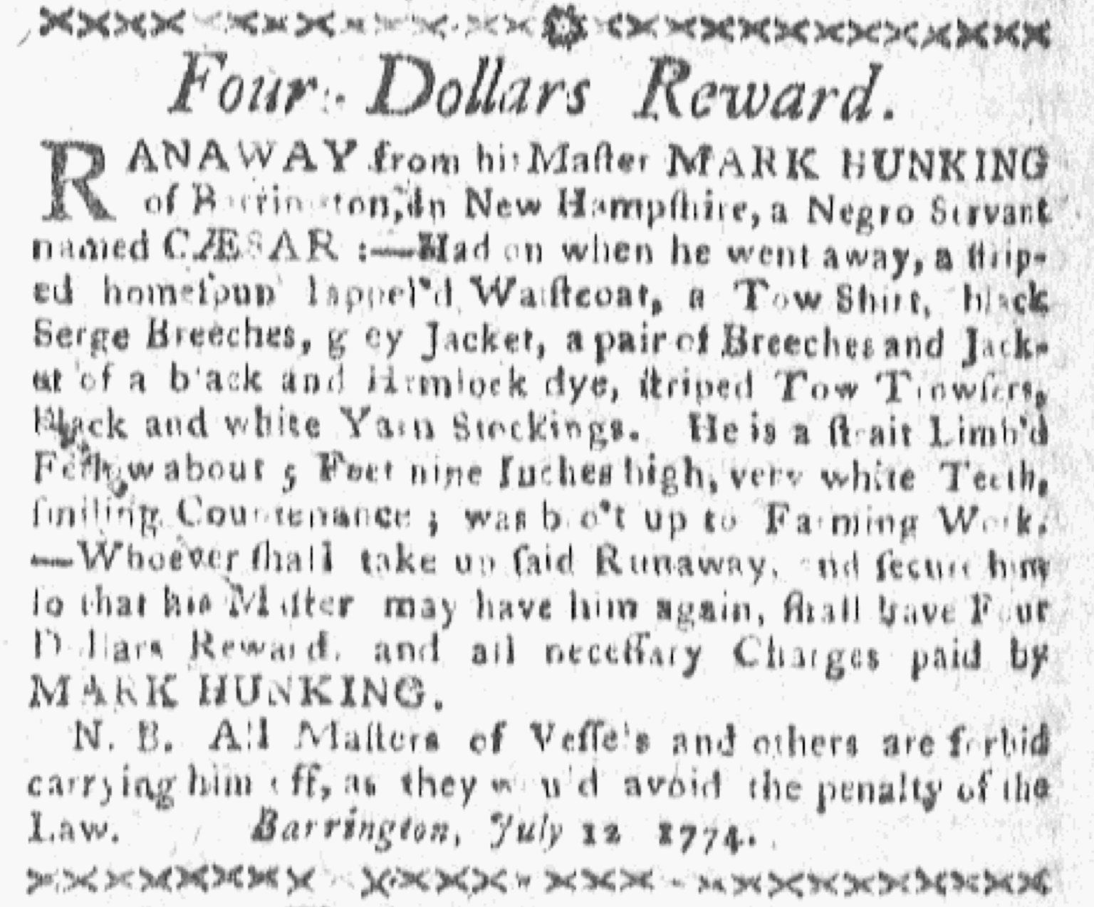 Slavery Advertisements Published August 8, 1774 | The Adverts 250 Project