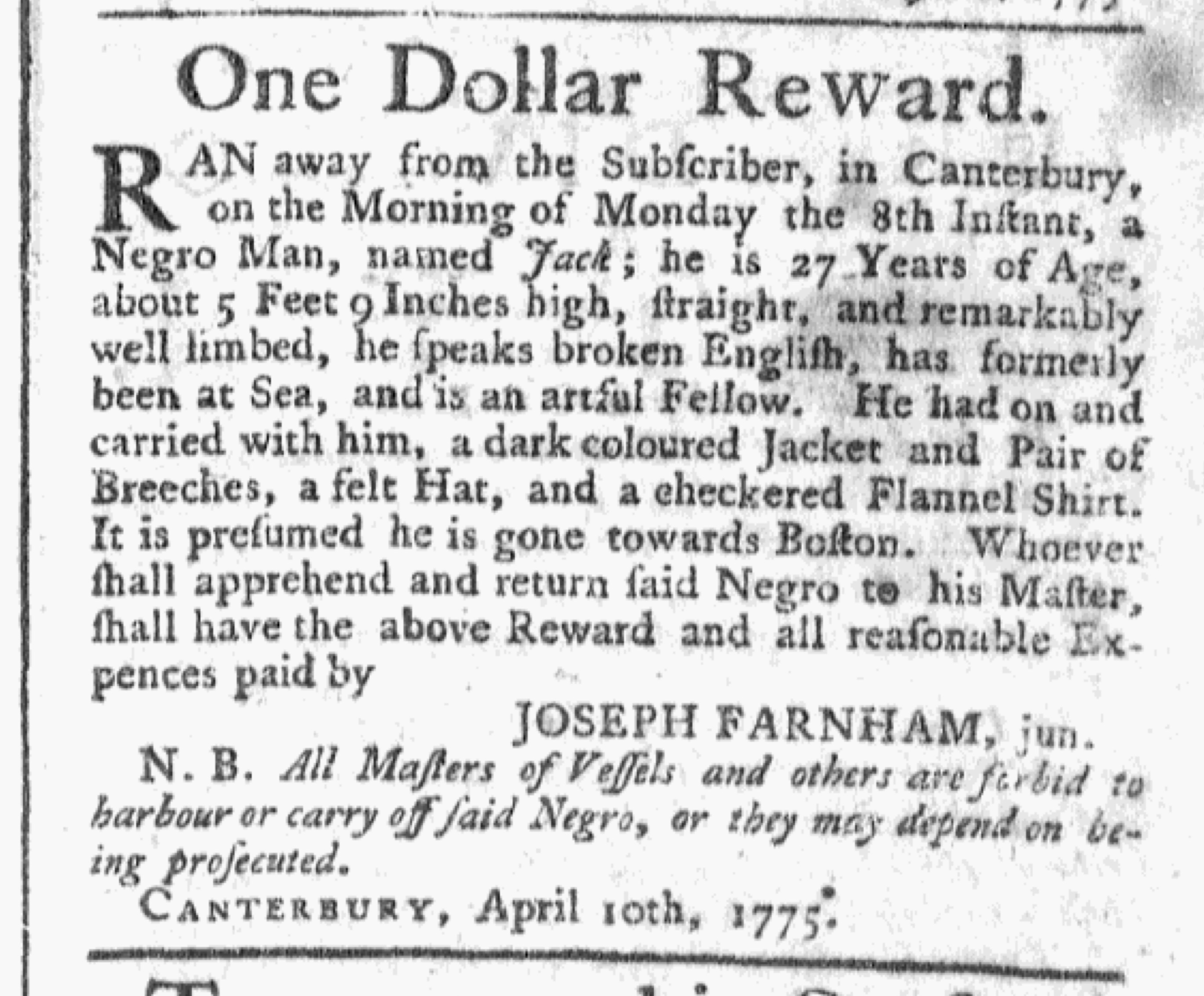 Slavery Advertisements Published May 11, 1775 | The Adverts 250 Project