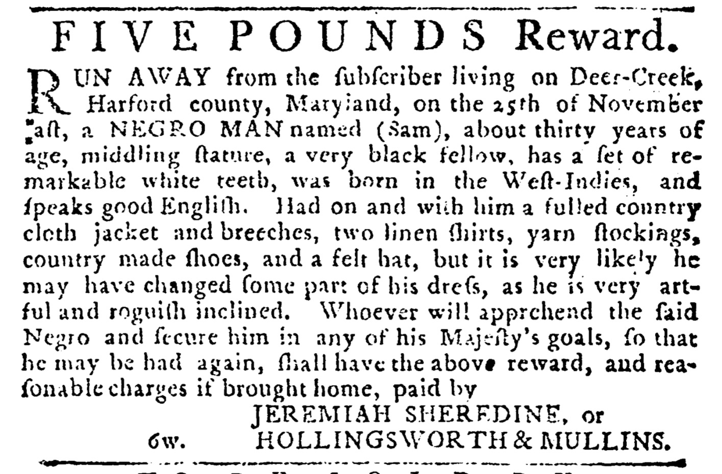 Slavery Advertisements Published May 17, 1775 | The Adverts 250 Project