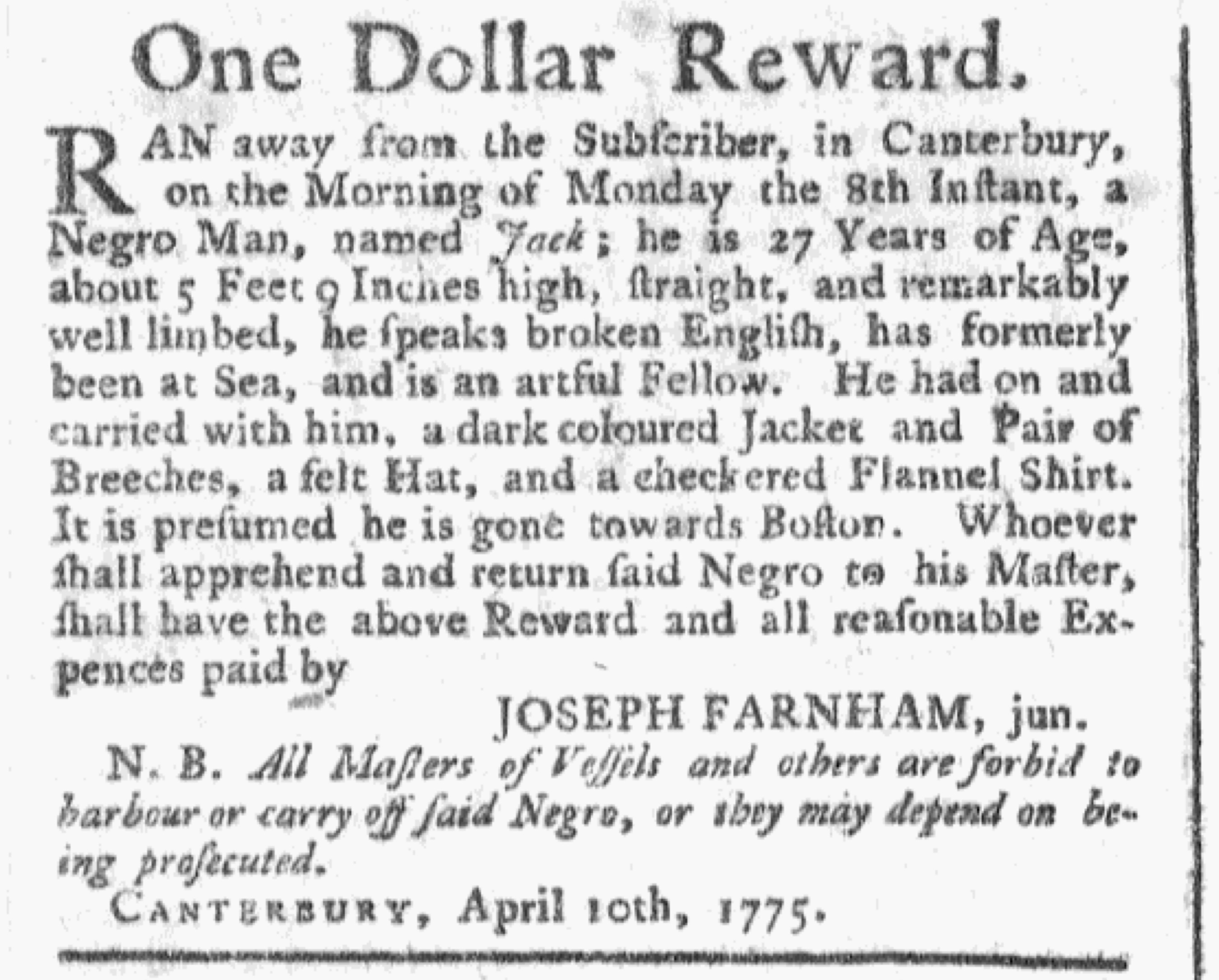 Slavery Advertisements Published May 18, 1775 | The Adverts 250 Project