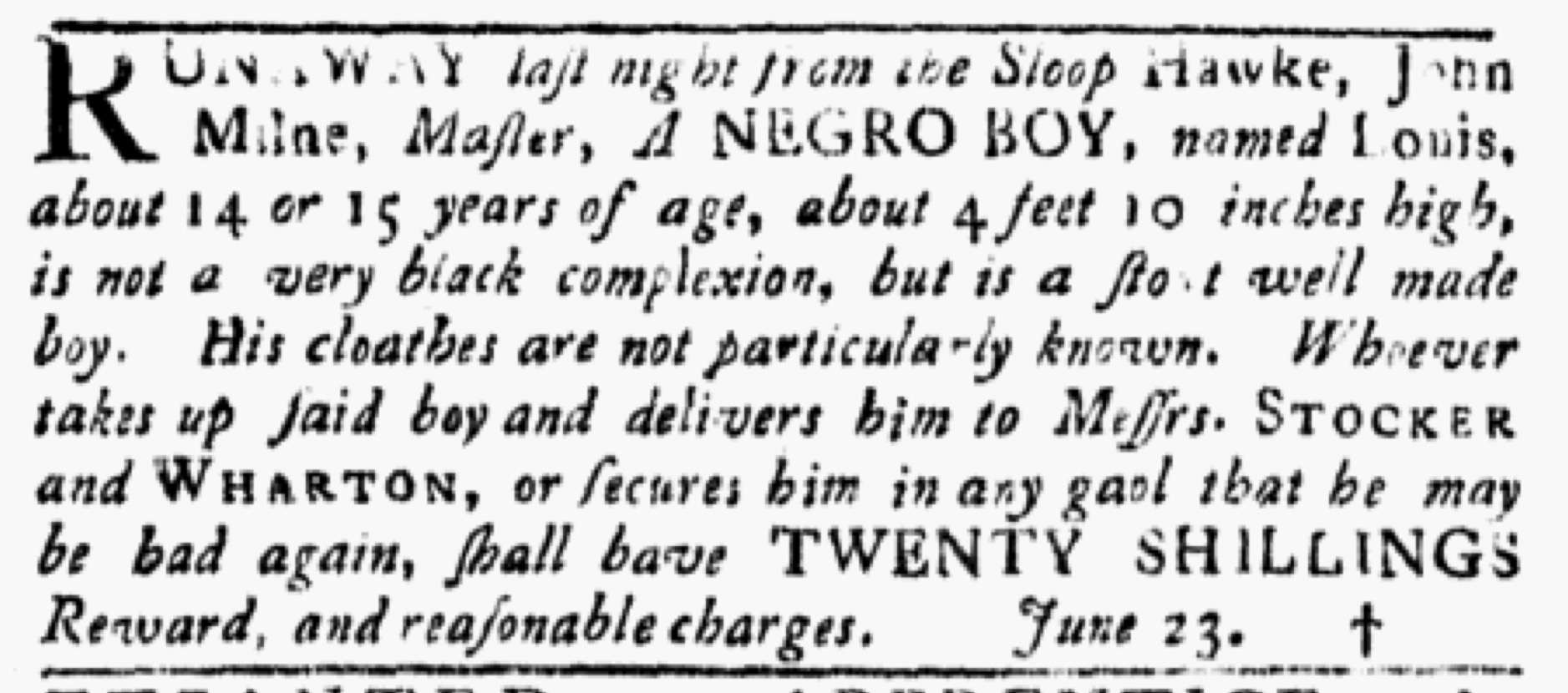 Slavery Advertisements Published July 15, 1775 | The Adverts 250 Project