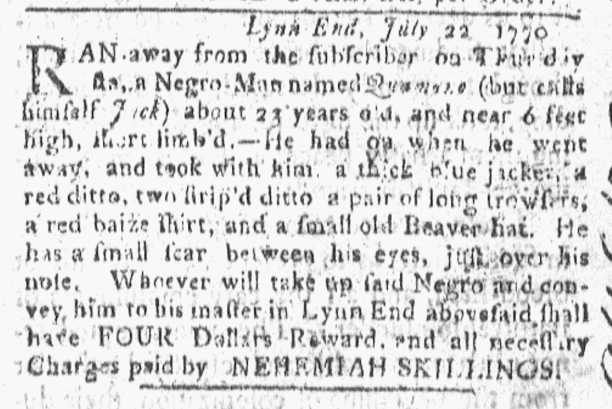 Slavery Advertisements Published July 24, 1775 | The Adverts 250 Project