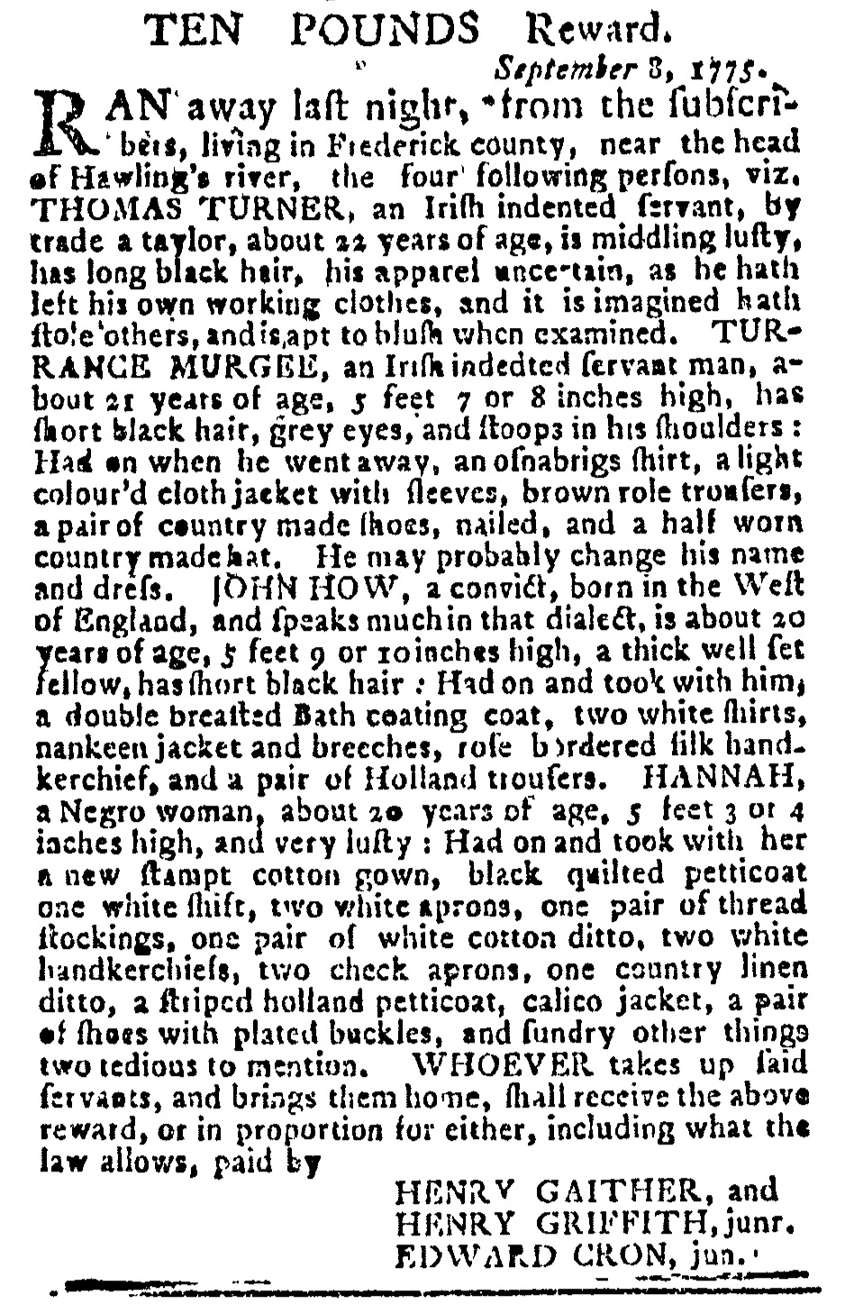 Slavery Advertisements Published October 18, 1775 | The Adverts 250 Project