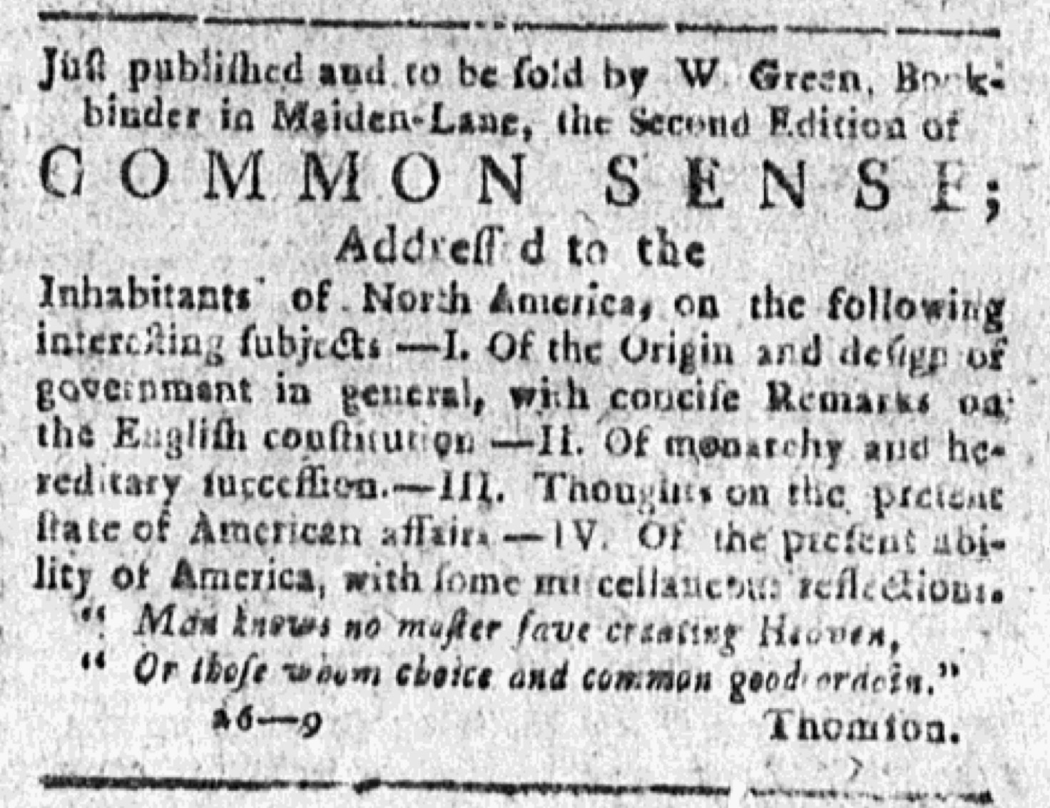 Advertisements for Common Sense Published February 1, 1776 | The ...