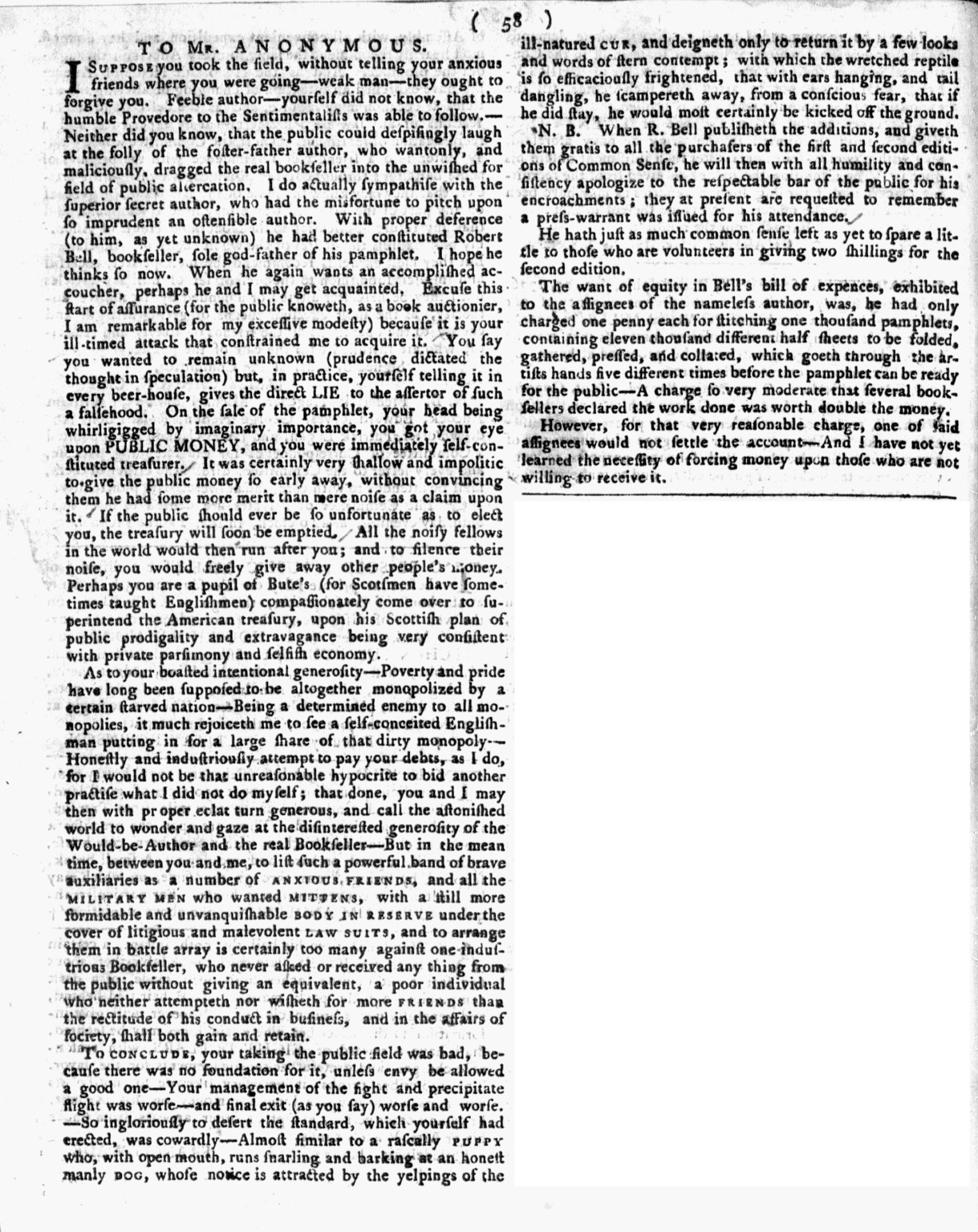 Advertisements for Common Sense Published February 1, 1776 | The ...