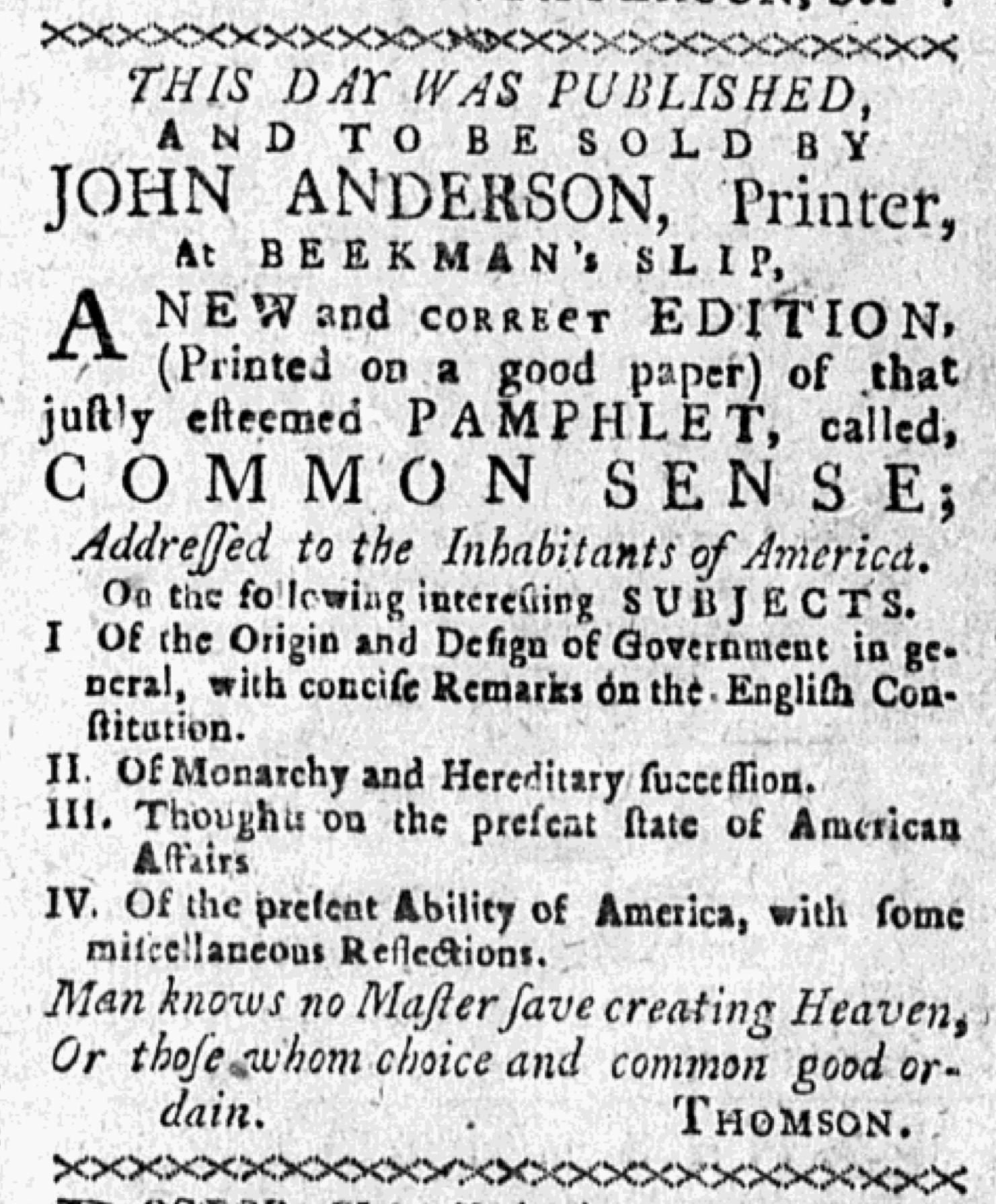 Advertisements for Common Sense Published February 15, 1776 | The ...