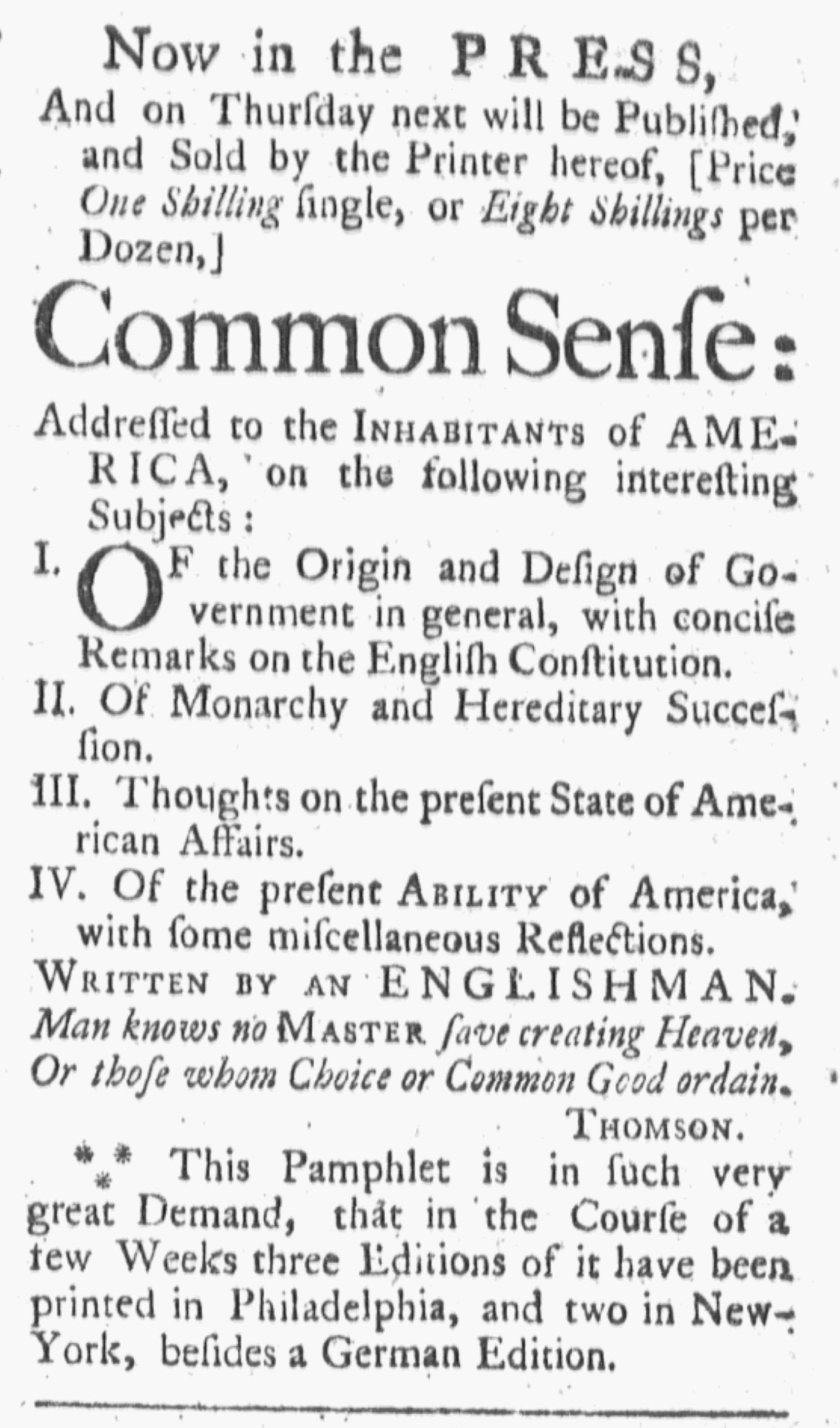 Advertisements for Common Sense Published February 17, 1776 | The ...