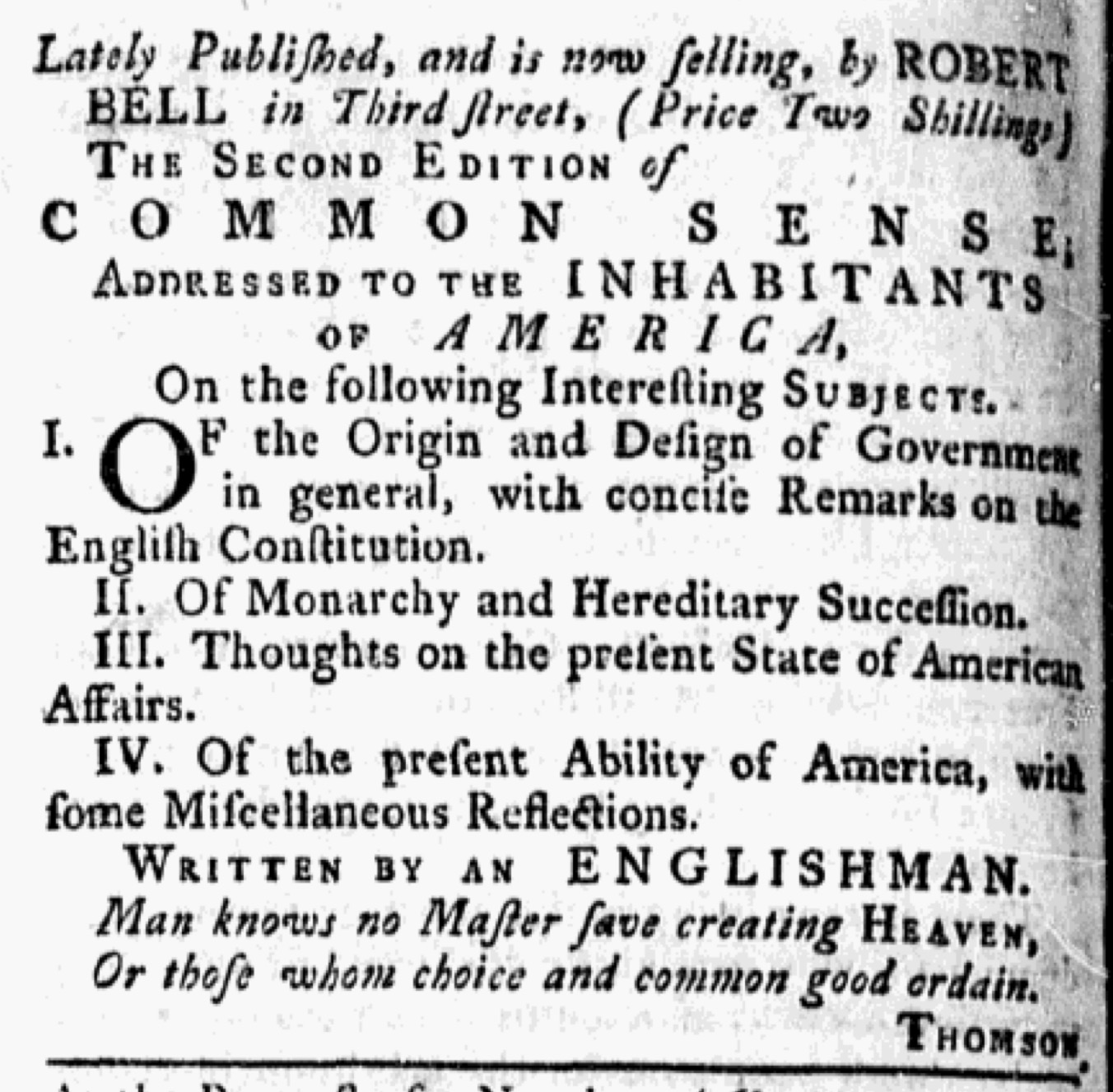 Advertisements for Common Sense Published February 3, 1776 | The ...