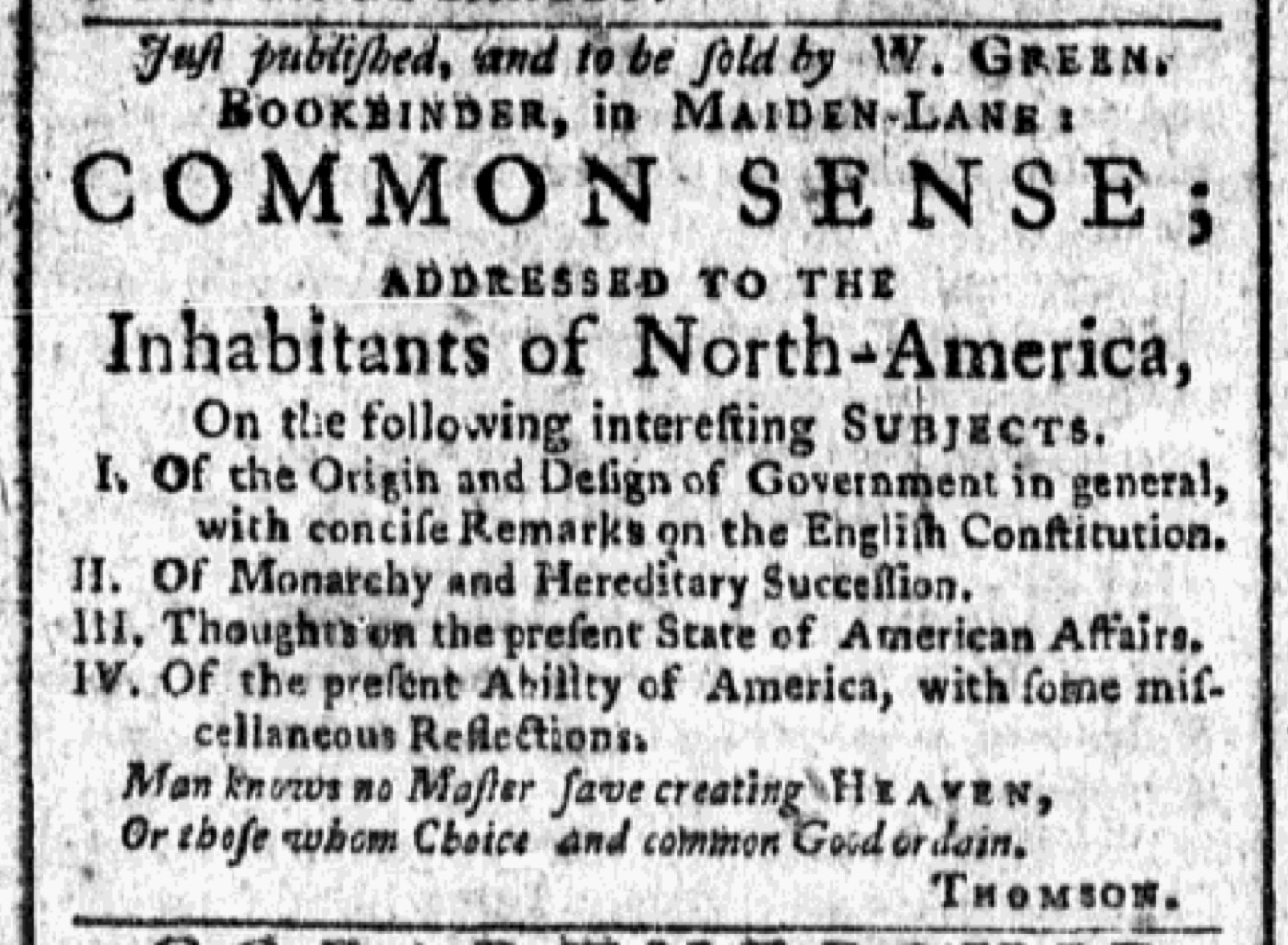 Advertisements for Common Sense Published February 5, 1776 | The ...