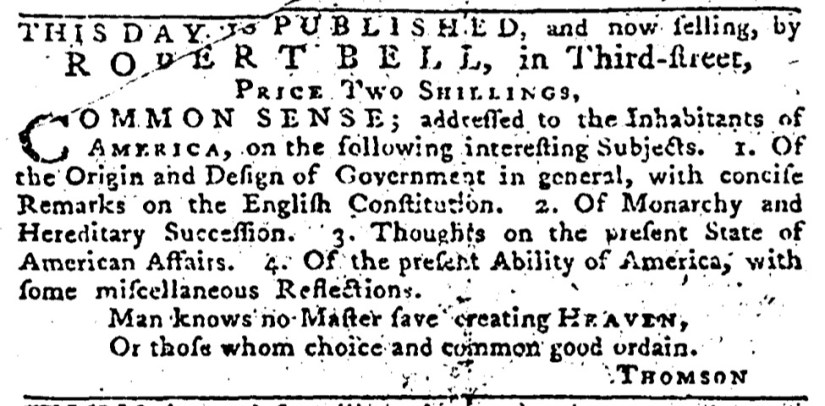 Advertisements for Common Sense Published January 10, 1776 | The ...