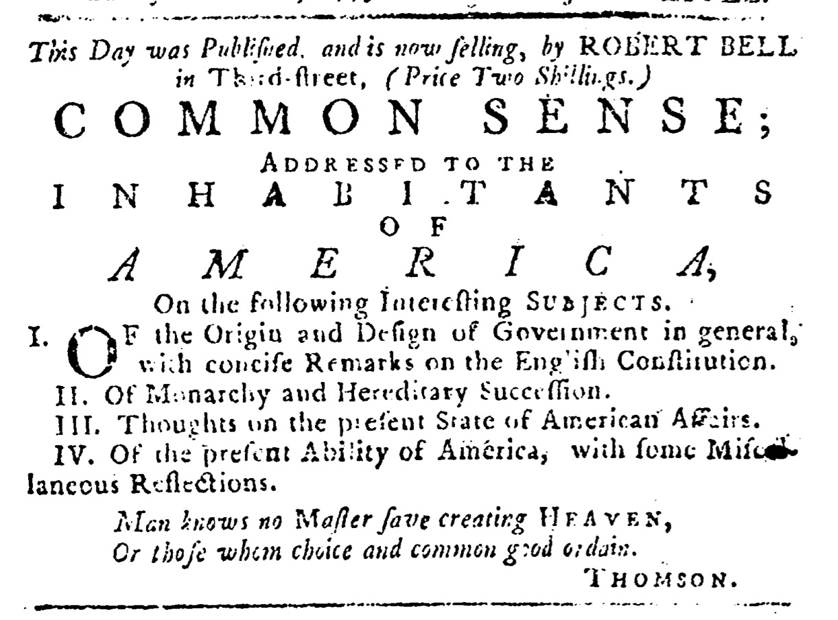 Advertisements for Common Sense Published January 10, 1776 | The ...