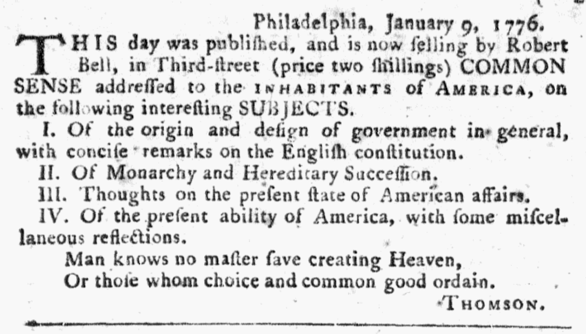 Advertisements for Common Sense Published January 13, 1776 | The ...