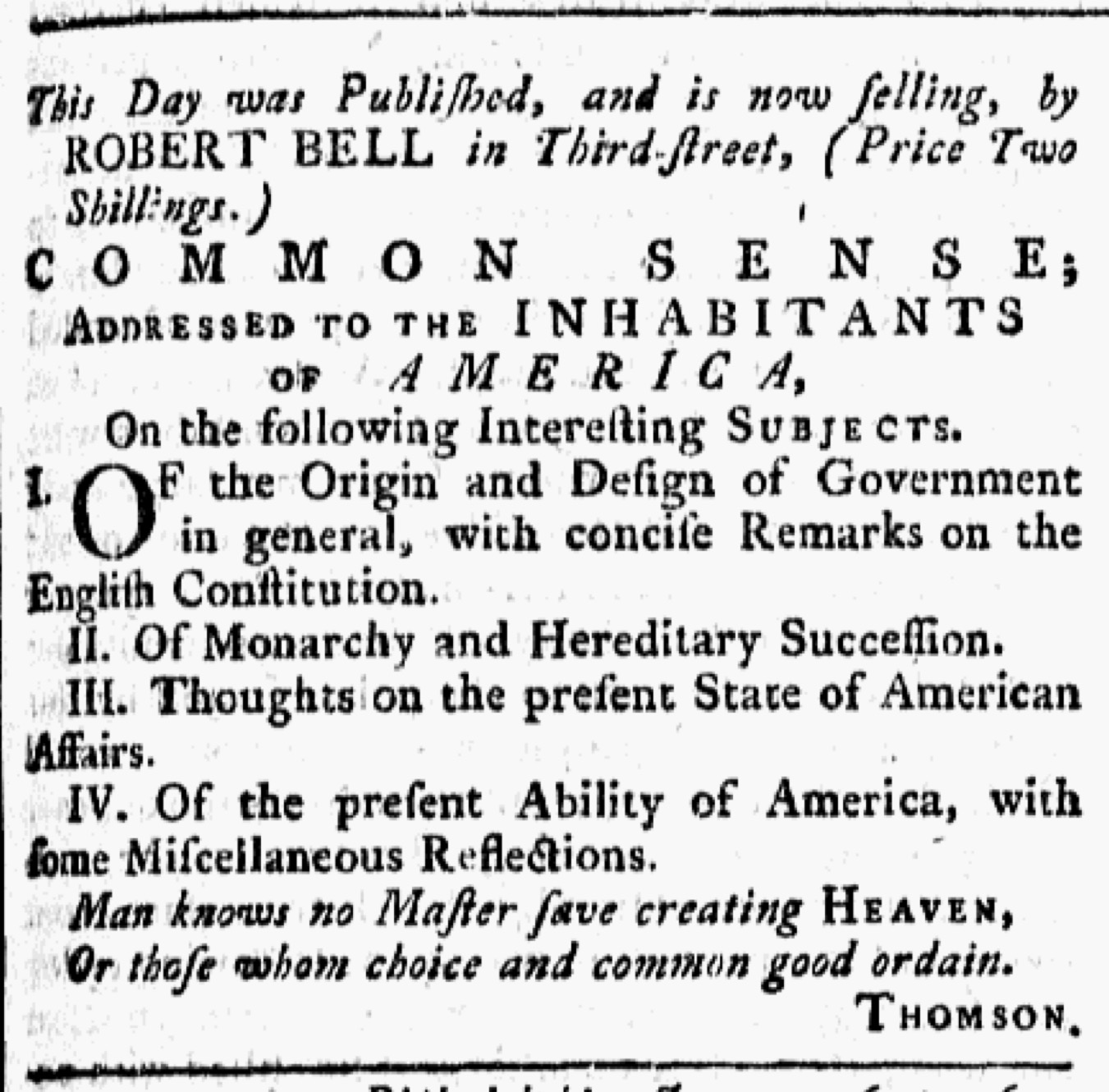 Advertisements for Common Sense Published January 13, 1776 | The ...
