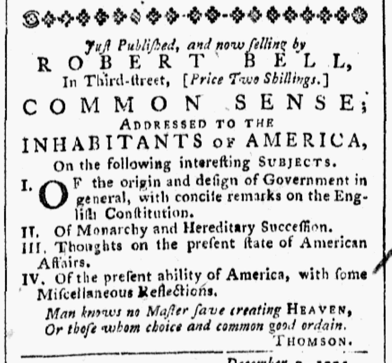 Advertisements for Common Sense Published January 15, 1776 | The ...