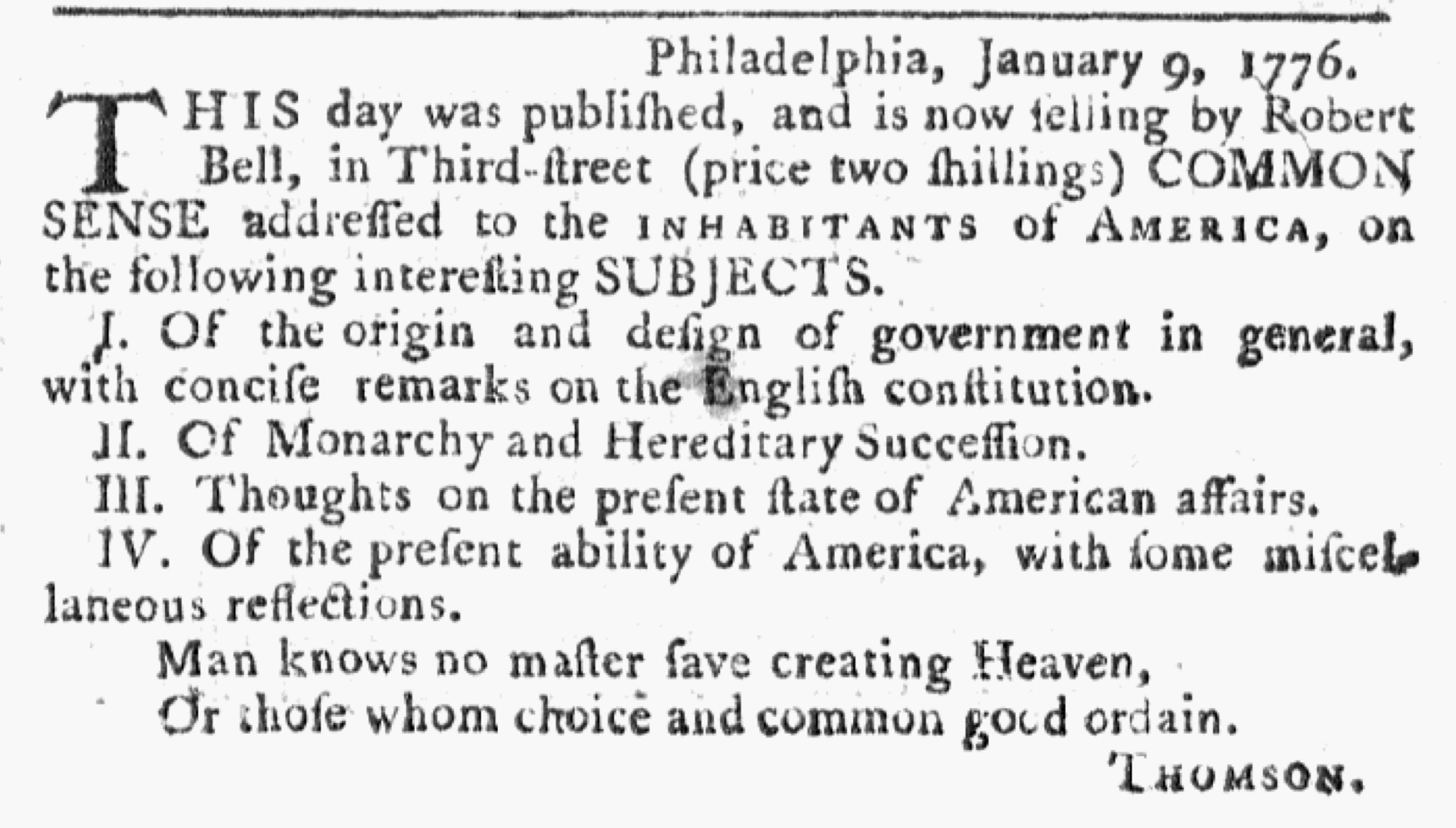 Advertisements for Common Sense Published January 16, 1776 | The ...