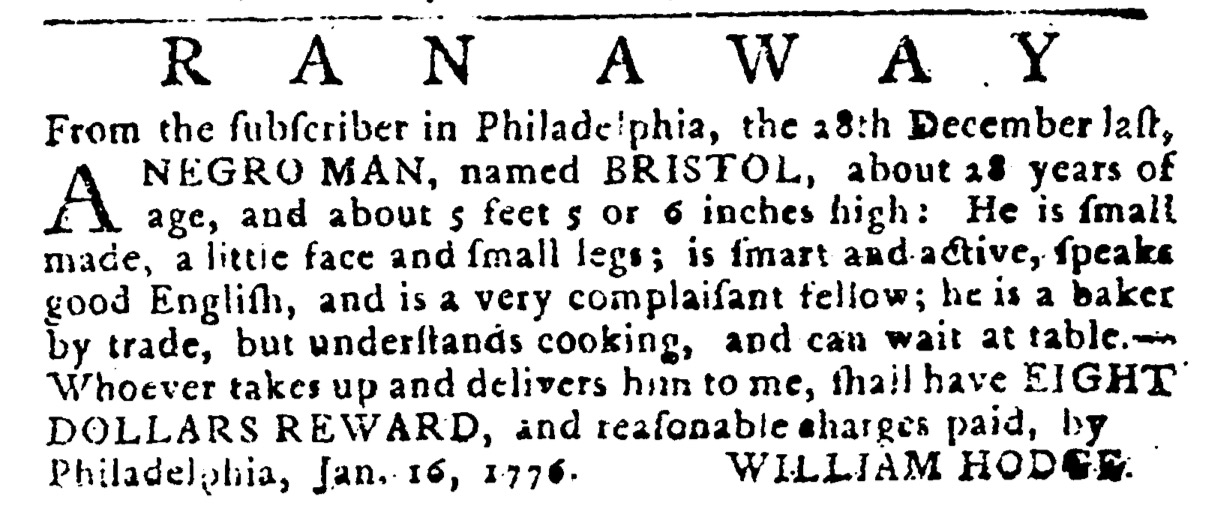 Slavery Advertisements Published January 17, 1776 | The Adverts 250 Project