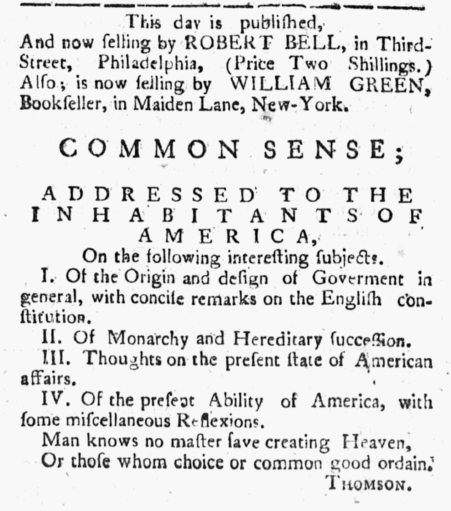 Advertisements for Common Sense Published January 20, 1776 | The ...