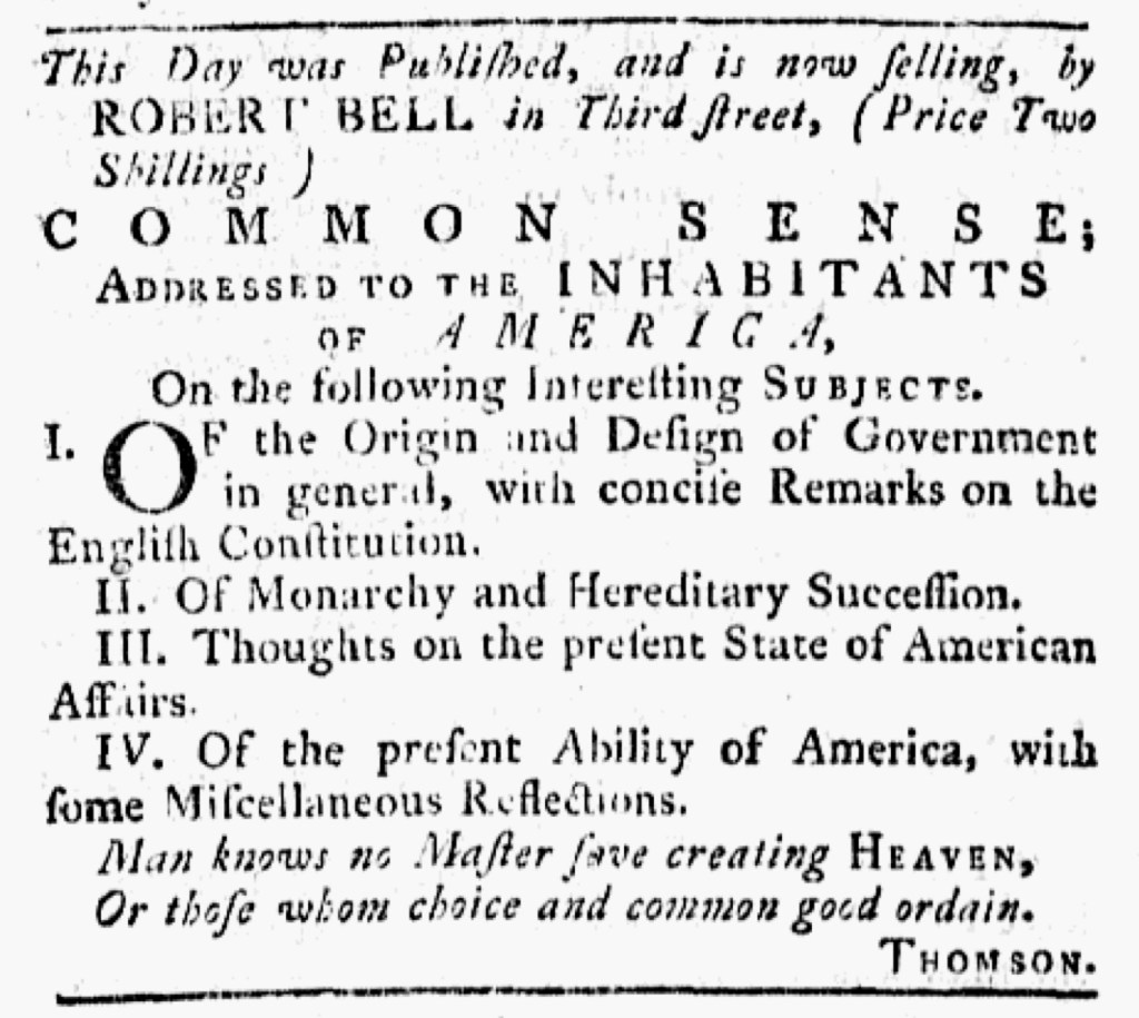 Advertisements for Common Sense Published January 20, 1776 | The ...