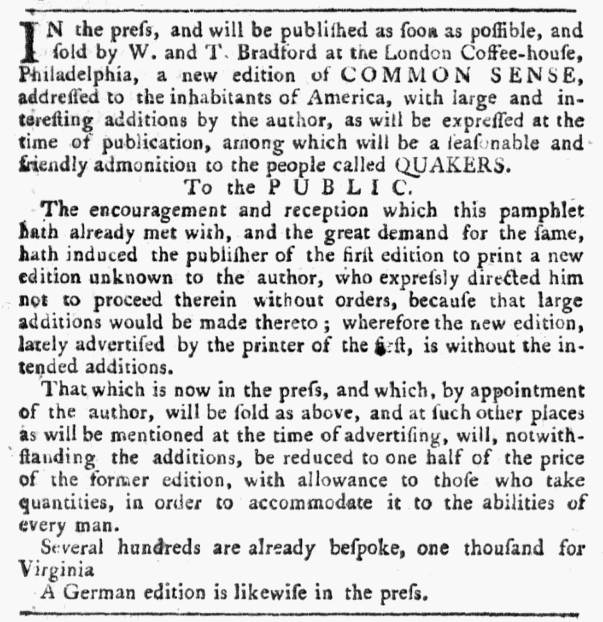 Advertisements for Common Sense Published January 25, 1776 | The ...