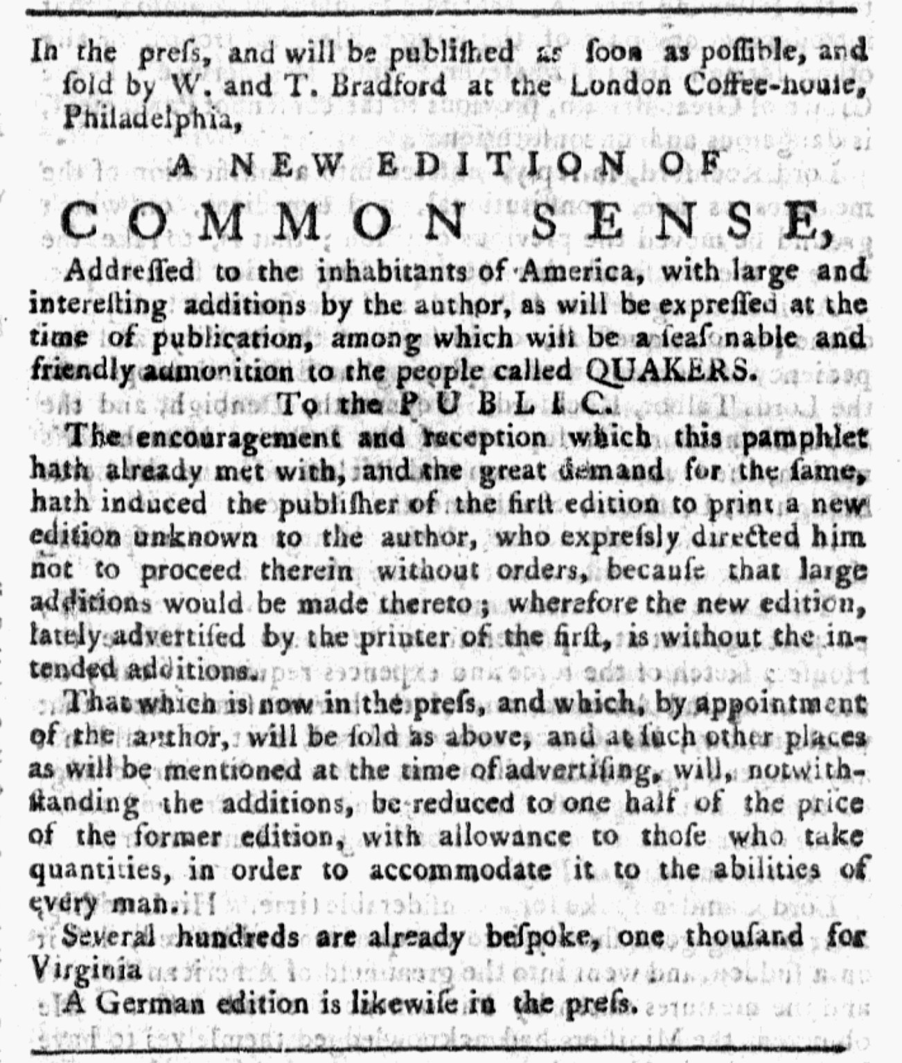 Advertisements for Common Sense Published January 27, 1776 | The ...