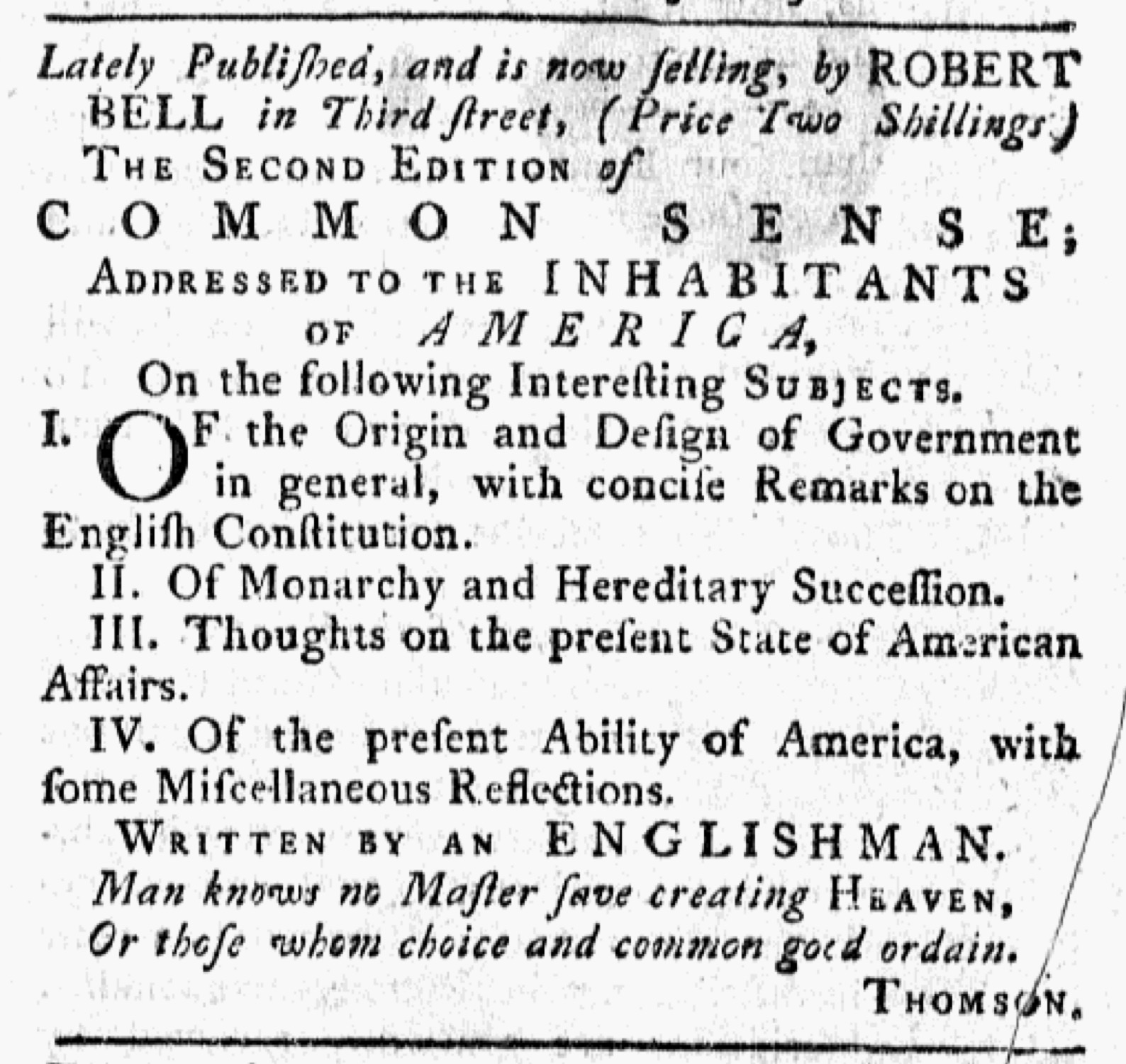 Advertisements for Common Sense Published January 27, 1776 | The ...