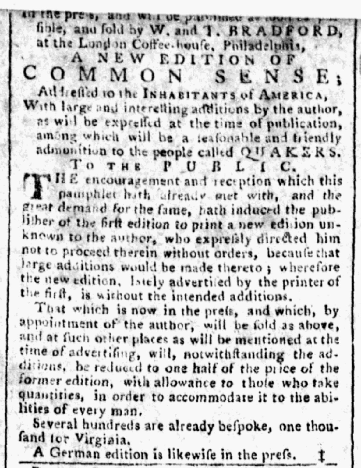 Advertisements for Common Sense Published January 29, 1776 | The ...