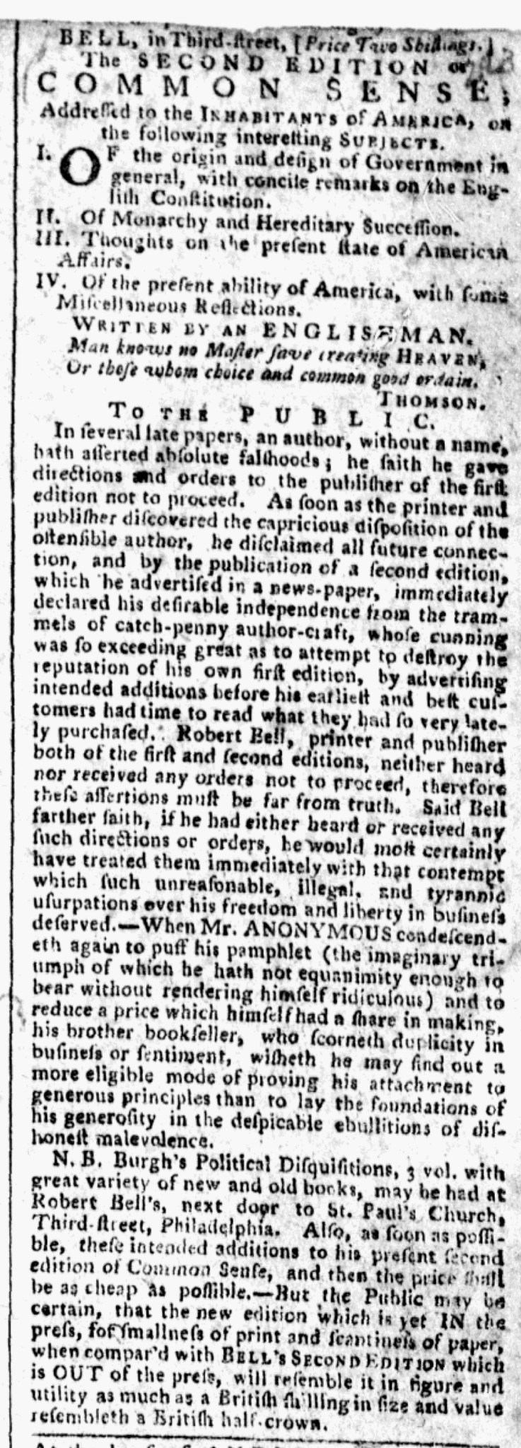 Advertisements for Common Sense Published January 29, 1776 | The ...