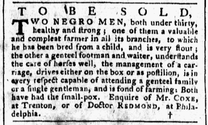 Slavery Advertisements Published January 29, 1776 | The Adverts 250 Project