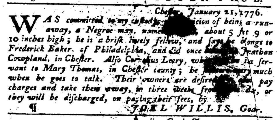 Slavery Advertisements Published January 31, 1776 | The Adverts 250 Project