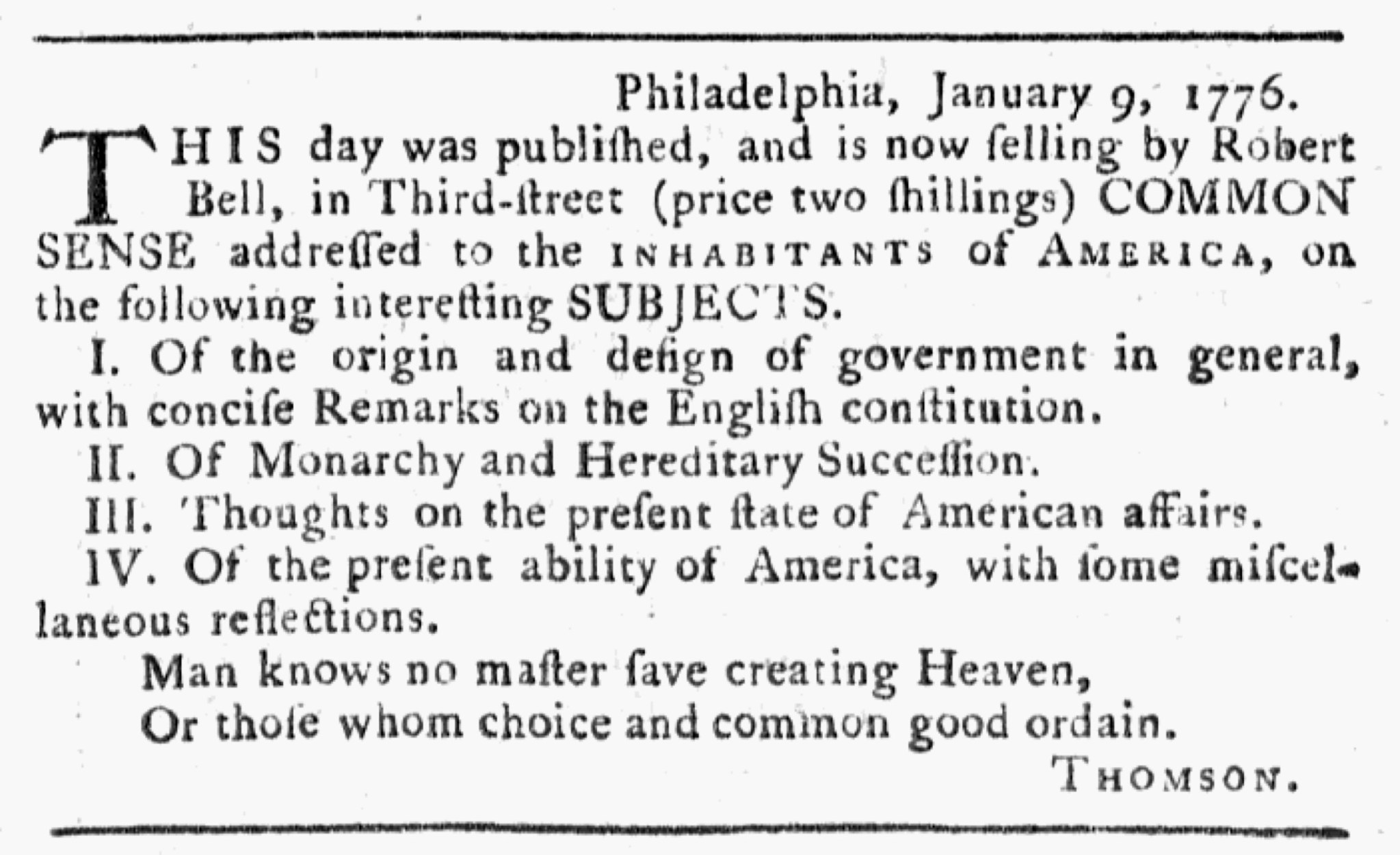 Advertisements for Common Sense Published January 9, 1776 | The Adverts ...