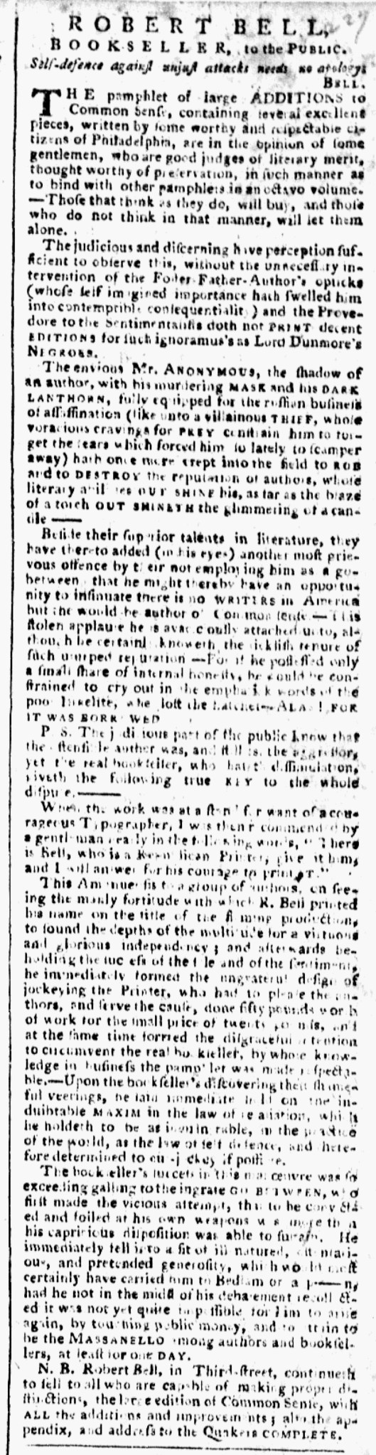 Advertisements for Common Sense Published February 26, 1776 | The ...