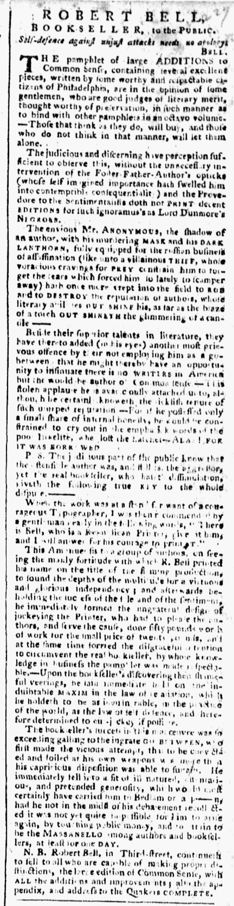 Advertisements for Common Sense Published February 26, 1776 | The ...