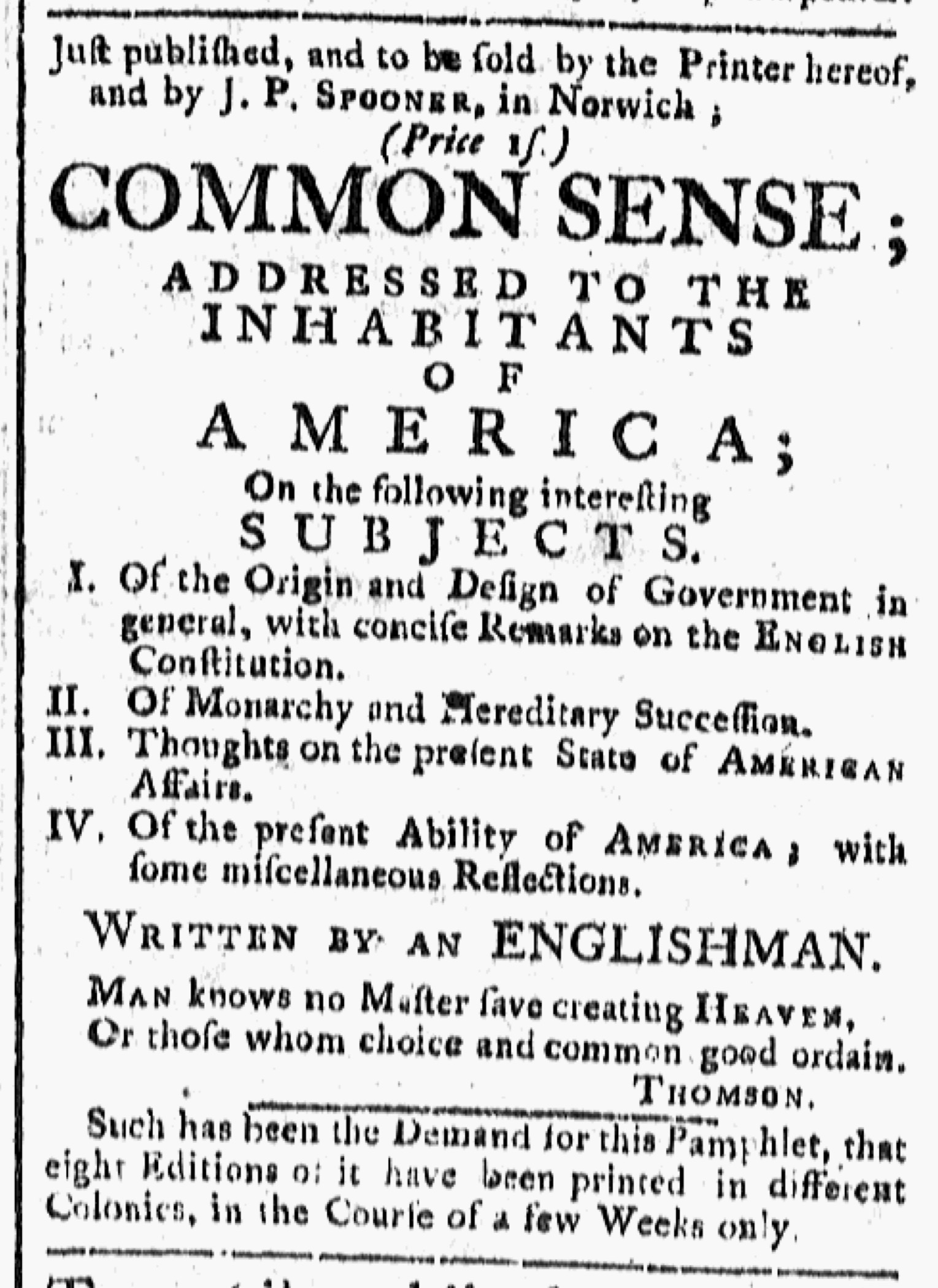 Advertisements for Common Sense Published March 1, 1776 | The Adverts ...