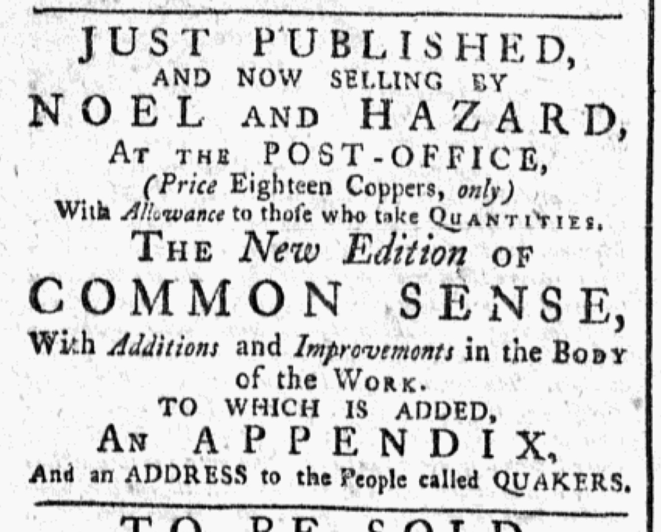 Advertisements for Common Sense Published March 11, 1776 | The Adverts ...