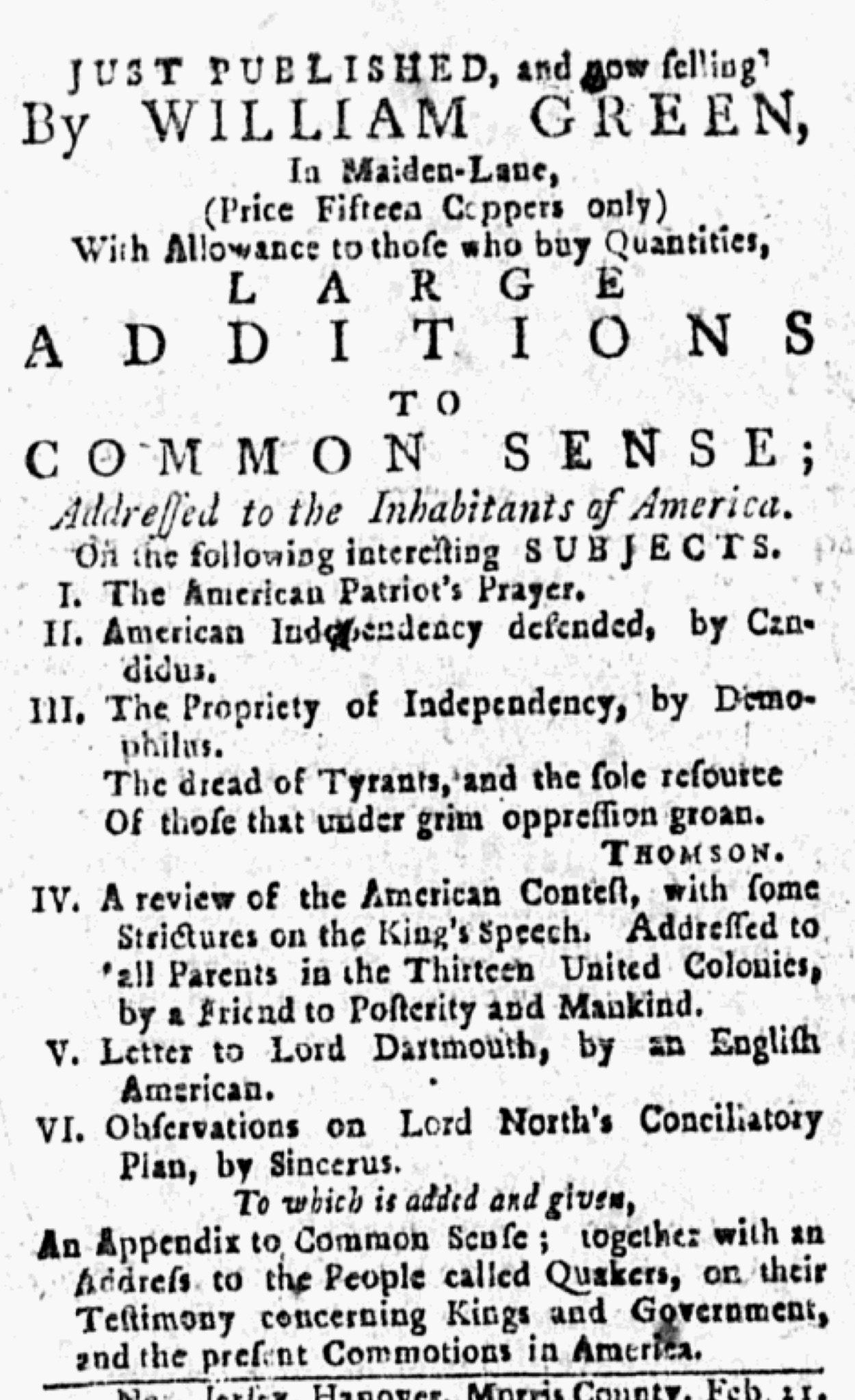 Advertisements for Common Sense Published March 14, 1776 | The Adverts ...