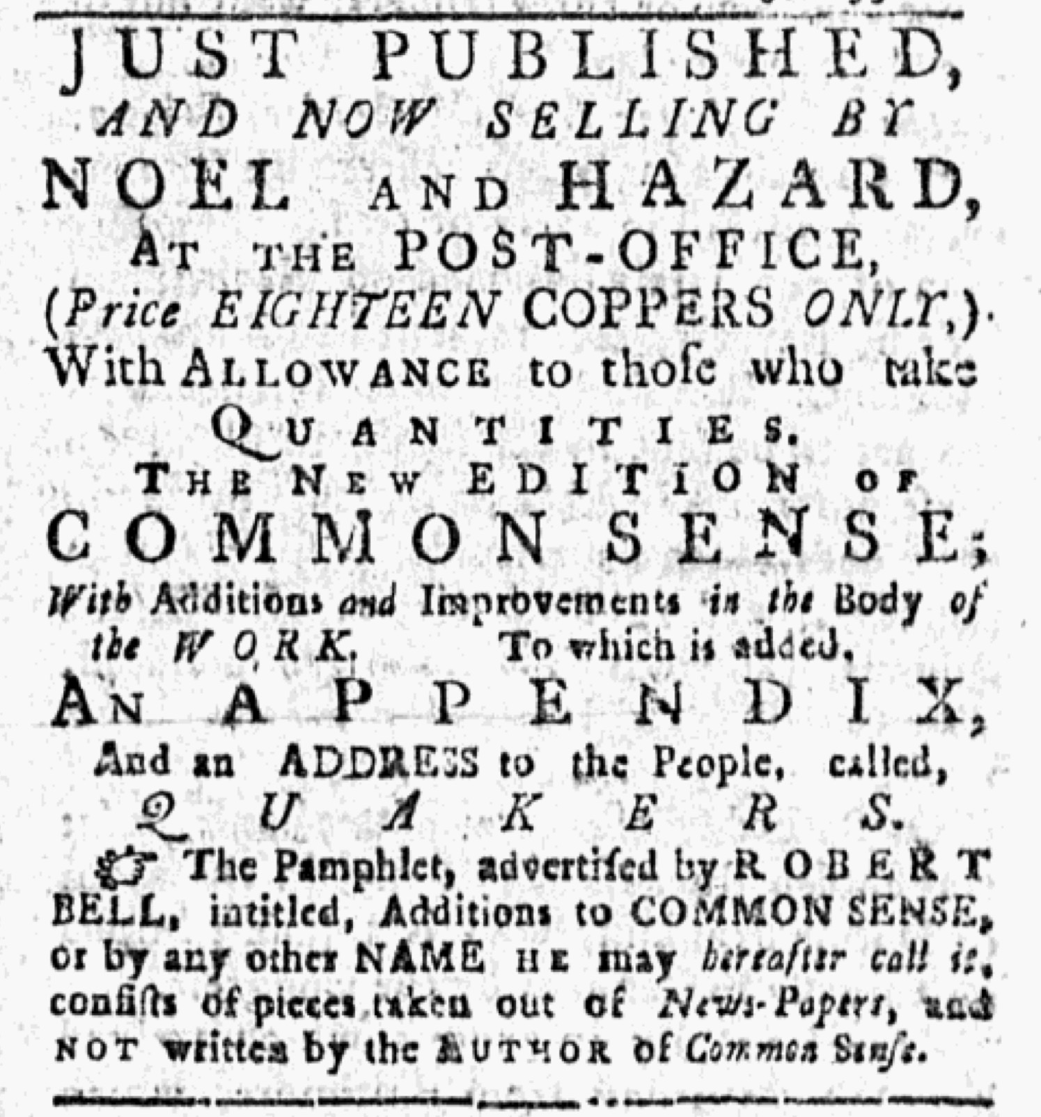 Advertisements for Common Sense Published March 14, 1776 | The Adverts ...