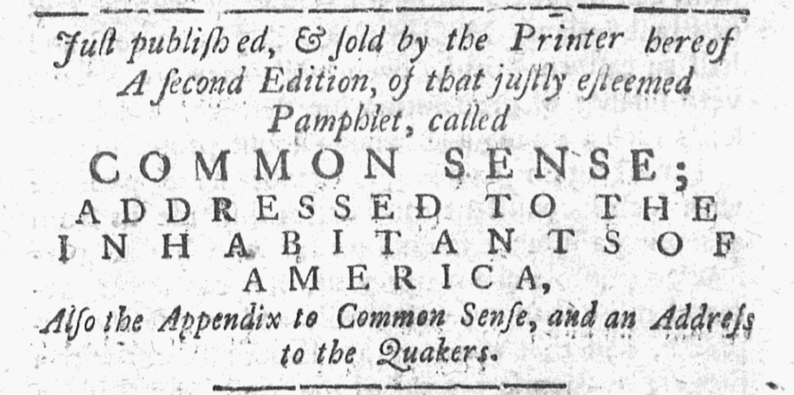 Advertisements for Common Sense Published March 16, 1776 | The Adverts ...