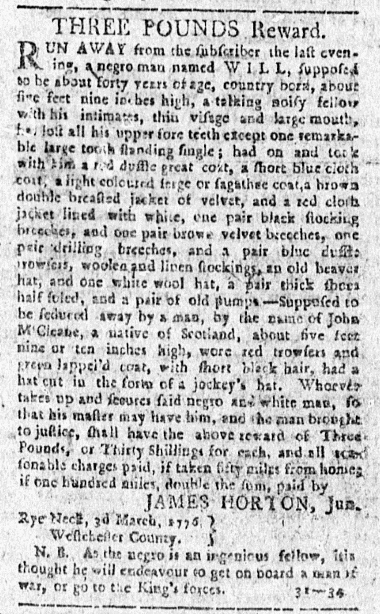 Slavery Advertisements Published March 21, 1776 | The Adverts 250 Project